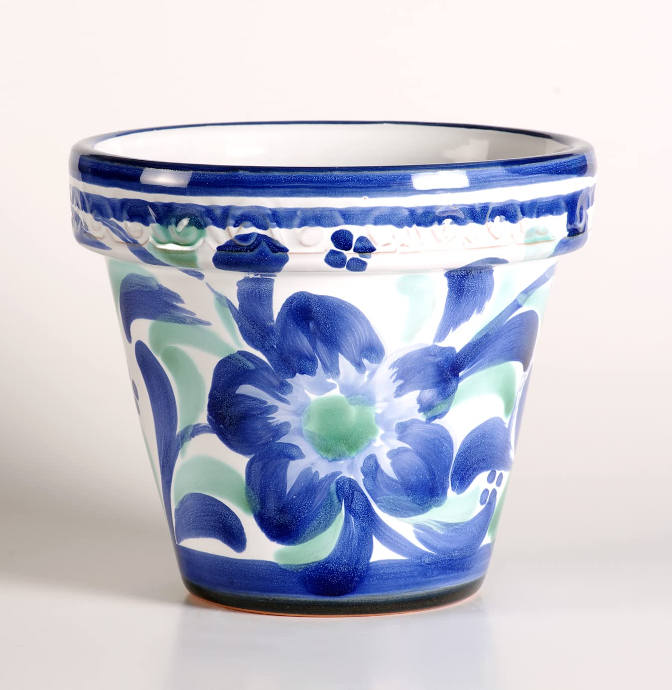 Villa Imports Spanish Hand-Painted Flower Pot - Bring a Touch of Spain to Your Home (6.5") (Blue Flower)