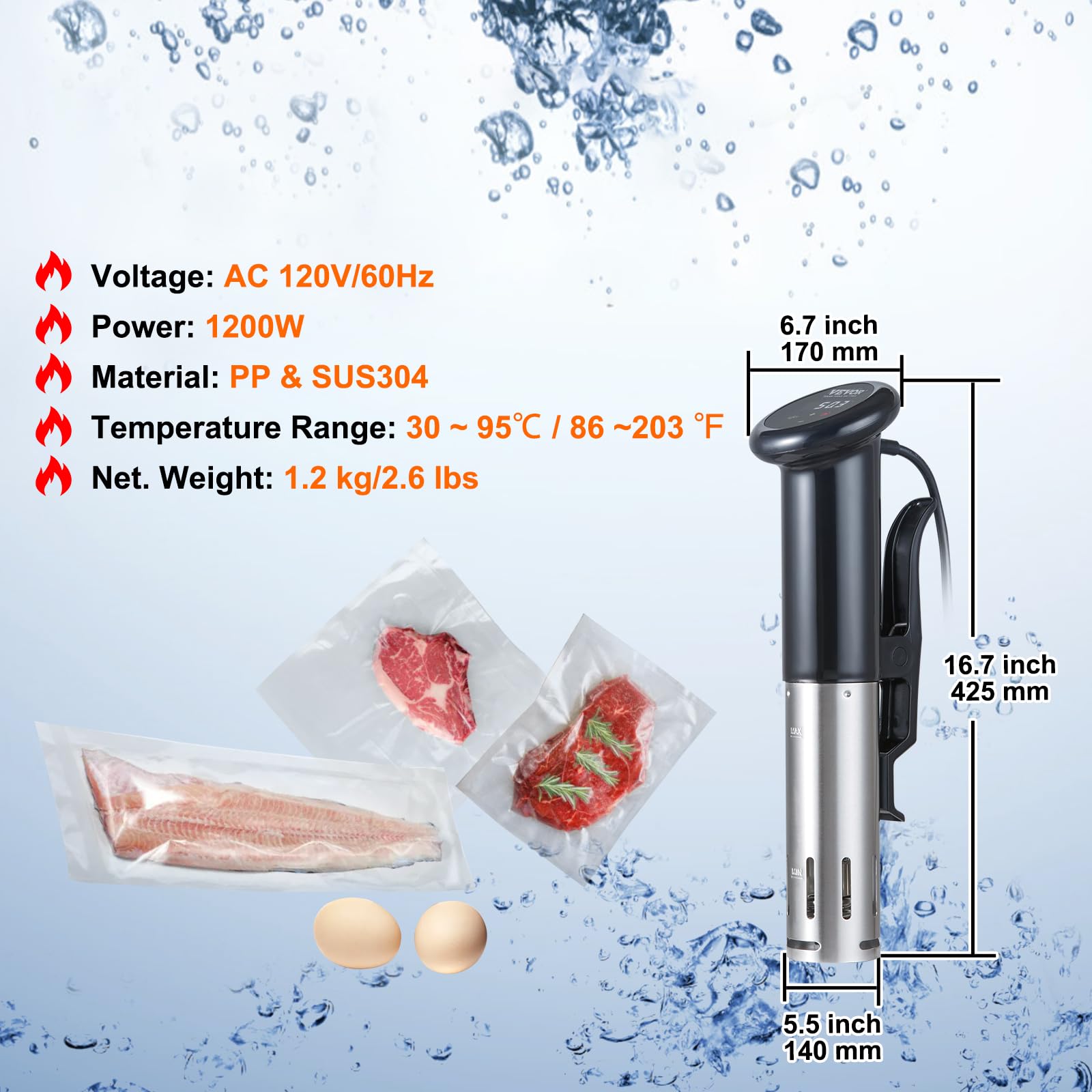 VEVOR Sous Vide Machine, 1200W Sous Vide Cooker, 30-95 °C Immersion Circulator, Temperature and Time Digital Display Control, IPX7 Waterproof, Fast Heating, Low Noise, Precision Cooking