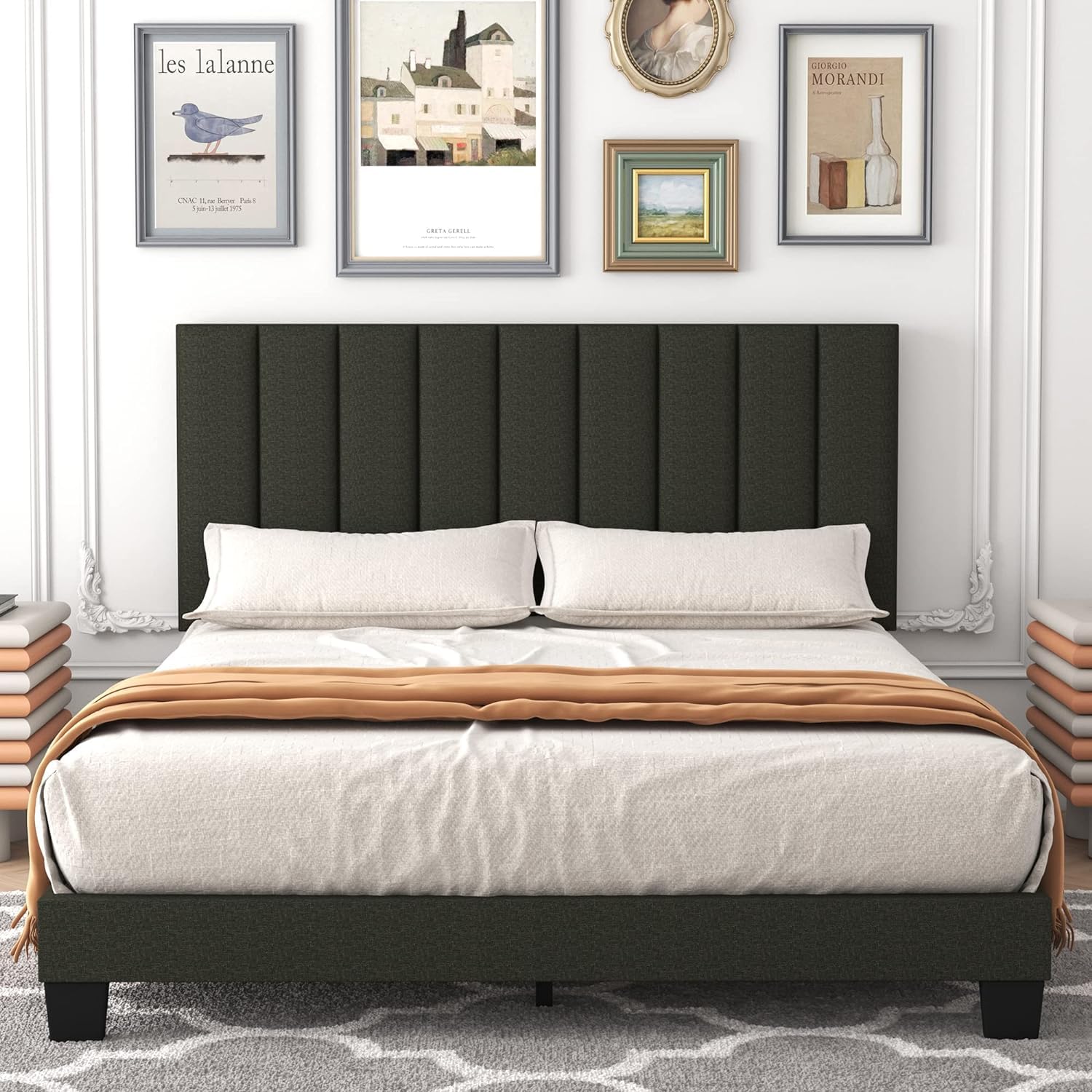 wOod-it Queen Size Upholstered Platform Bed Frame with Adjustable Height Headboard/12 Solid Wooden Slats/Non-Slip and Noise-Free/No Box Spring Needed/Easy Assembly (Dark Grey)