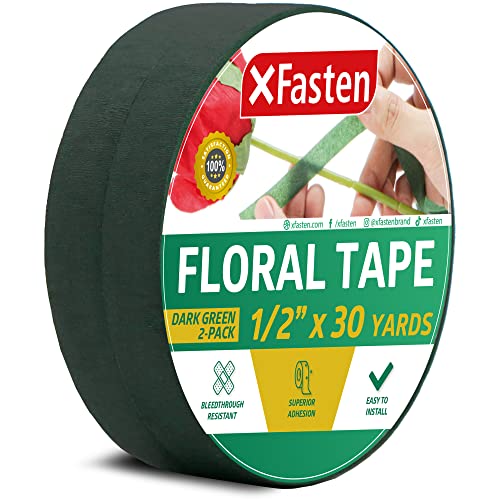 XFasten Wide Floral Tapes for Bouquet 1/2-Inch x 30 Yards - Dark Green (2-Pack) Bouquet Stem Wrap Tape for Florist â Waterproof Boutineer Tape for Flower Stem Wrap and Craft Adhesive