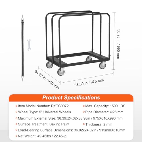 VEVOR Steel Panel Truck, 1500 LBS Panel Dolly Cart with 5" Swivel Casters and 36.02" x 24.02" Deck, Heavy-Duty Drywall Sheet Cart, Handling Wall Panel, Sheetrock, Lumber for Garage, Home, Warehouse