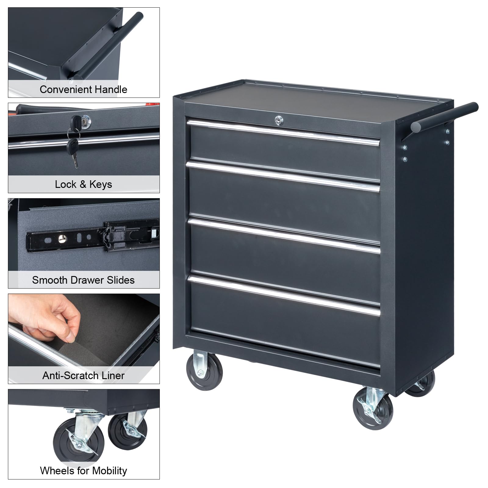 Winado 4-Drawer Tool Chest with Wheels & Lock & Key, Heavy Duty Cart Rolling Tool Box on Wheels, Metal Storage Cabinet, Rolling Tool Cart with Drawers for Garage, Warehouse & Repair Shop