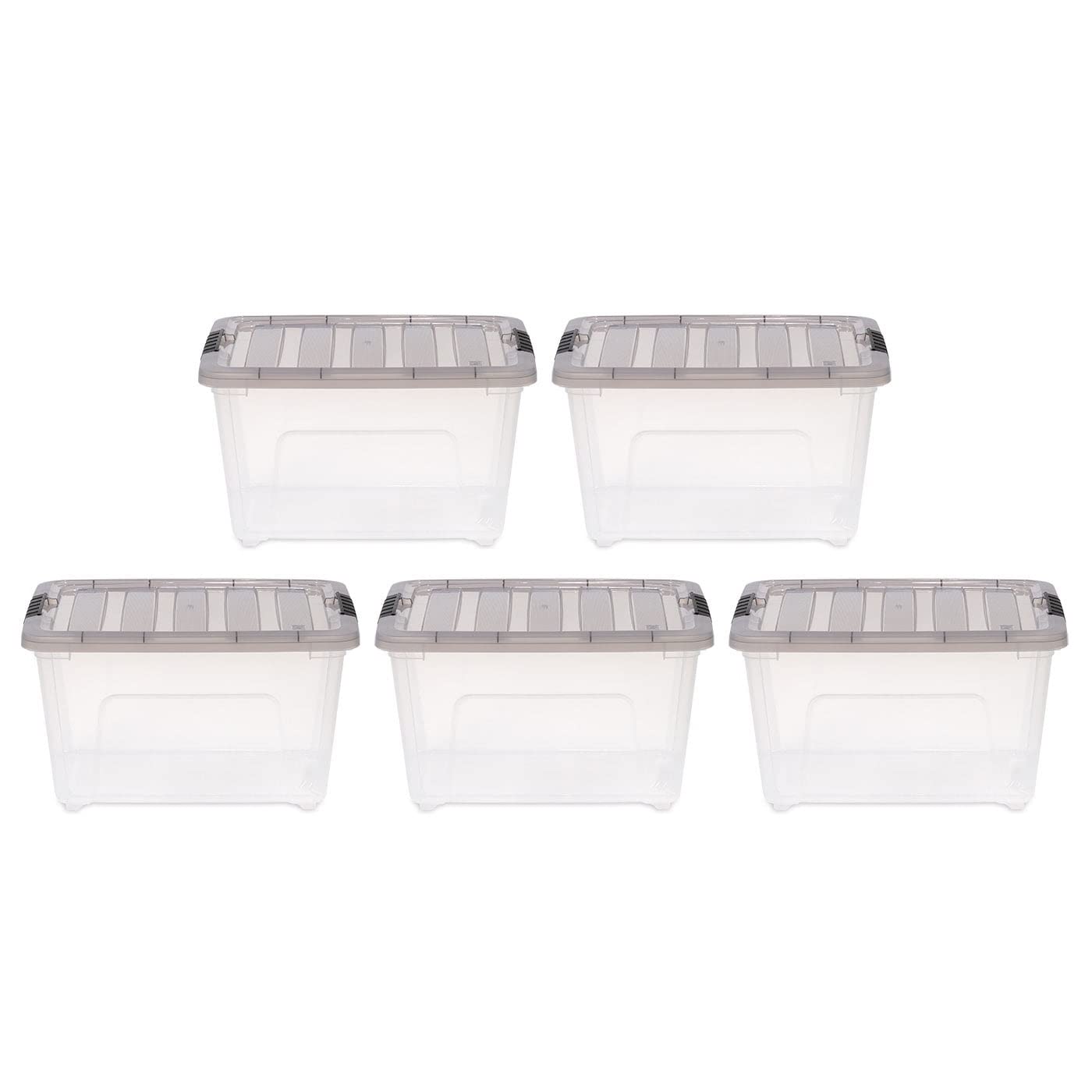 TeIdea 32 Quart Stack & Pull™ Clear Plastic Storage Box with Buckles, Gray, Set of 5