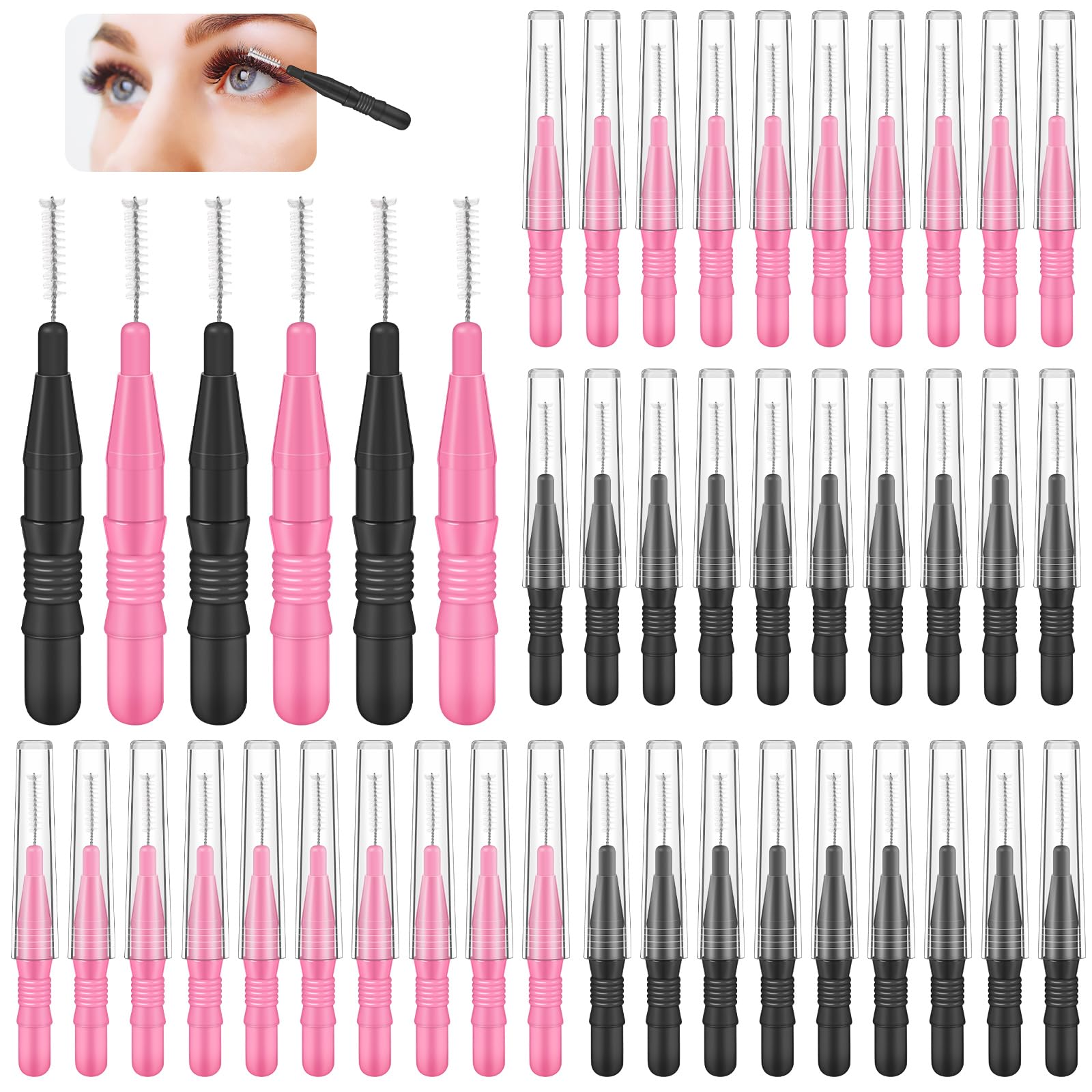WSICSE 120 Pcs Micro Eyebrow Brush, Brow Lamination Brush with Cap Micro Eyebrow Lamination Brush Eyebrow Lash Lift Tool for Eyelash and Eyebrow Extensions(Black,Pink), D6917K-11-N