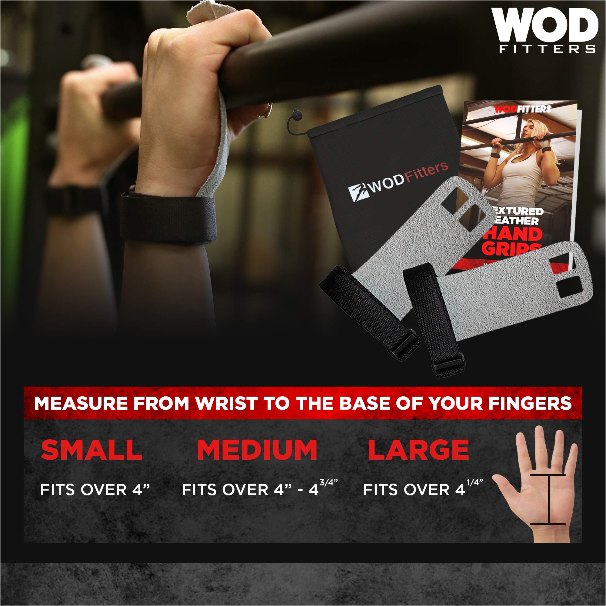 WODFitters Textured Leather Hand Grips for Cross Training, Kettlebells, Powerlifting, Chin Ups, Pull Ups, WODs & Gymnastics – with Grips Storage Pouch, Extra Small