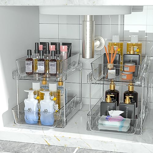 WUHUIXOZ 3 Pack 2 Tier Clear Under Bathroom Sink Organizers and Storage, Medicine Cabinet Organizer with Dividers, Pull Out Kitchen Pantry Shelf Cupboard Closet Vanity Organization Bins