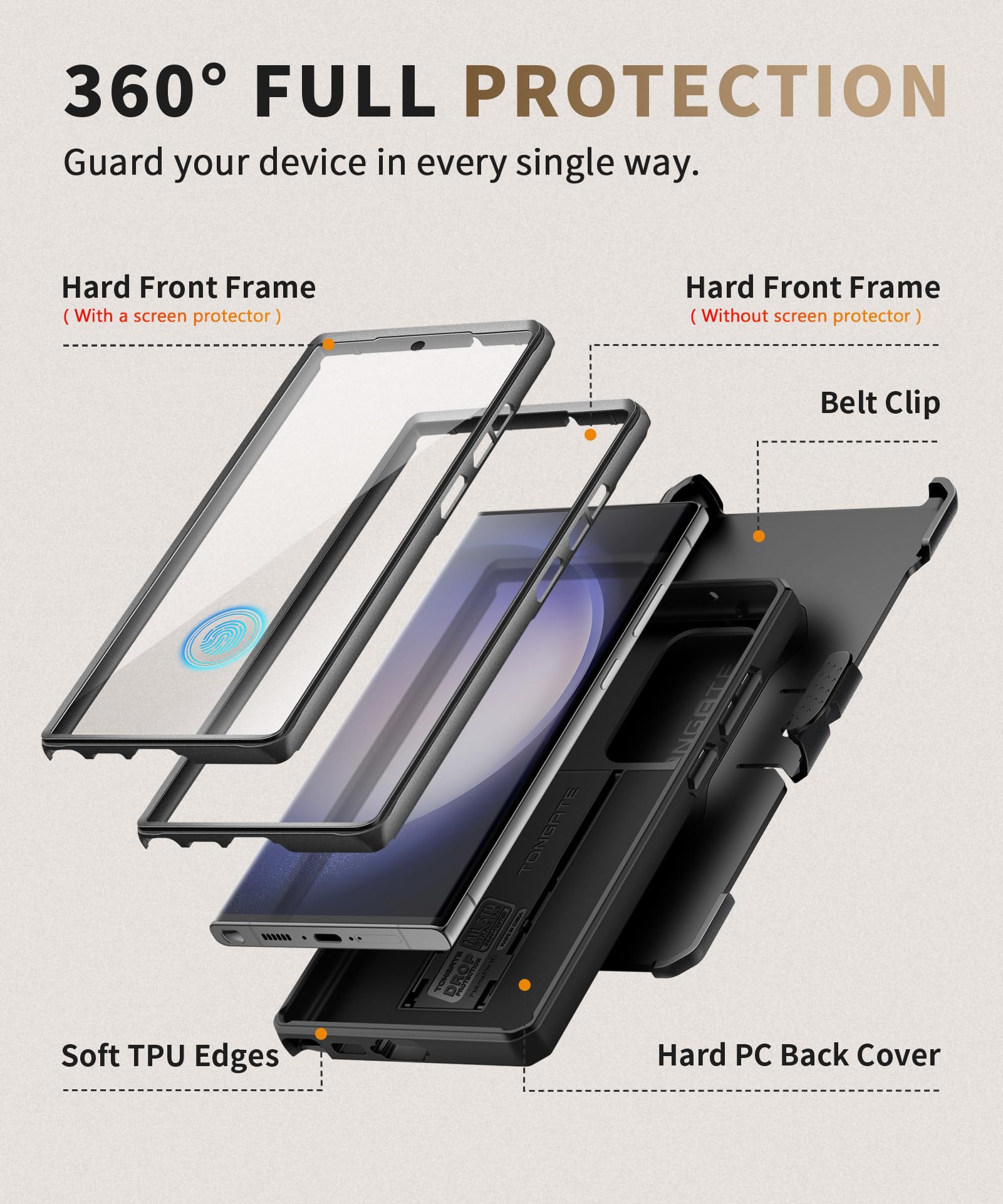 Tongate for Samsung Galaxy S23 Ultra Case, [Bulit-in Slide Camera Cover & Screen Protector] [2 Front Frame] Military Grade Shockproof S23 Ultra Phone Case with Kickstand & Belt-Clip 6.8", Black
