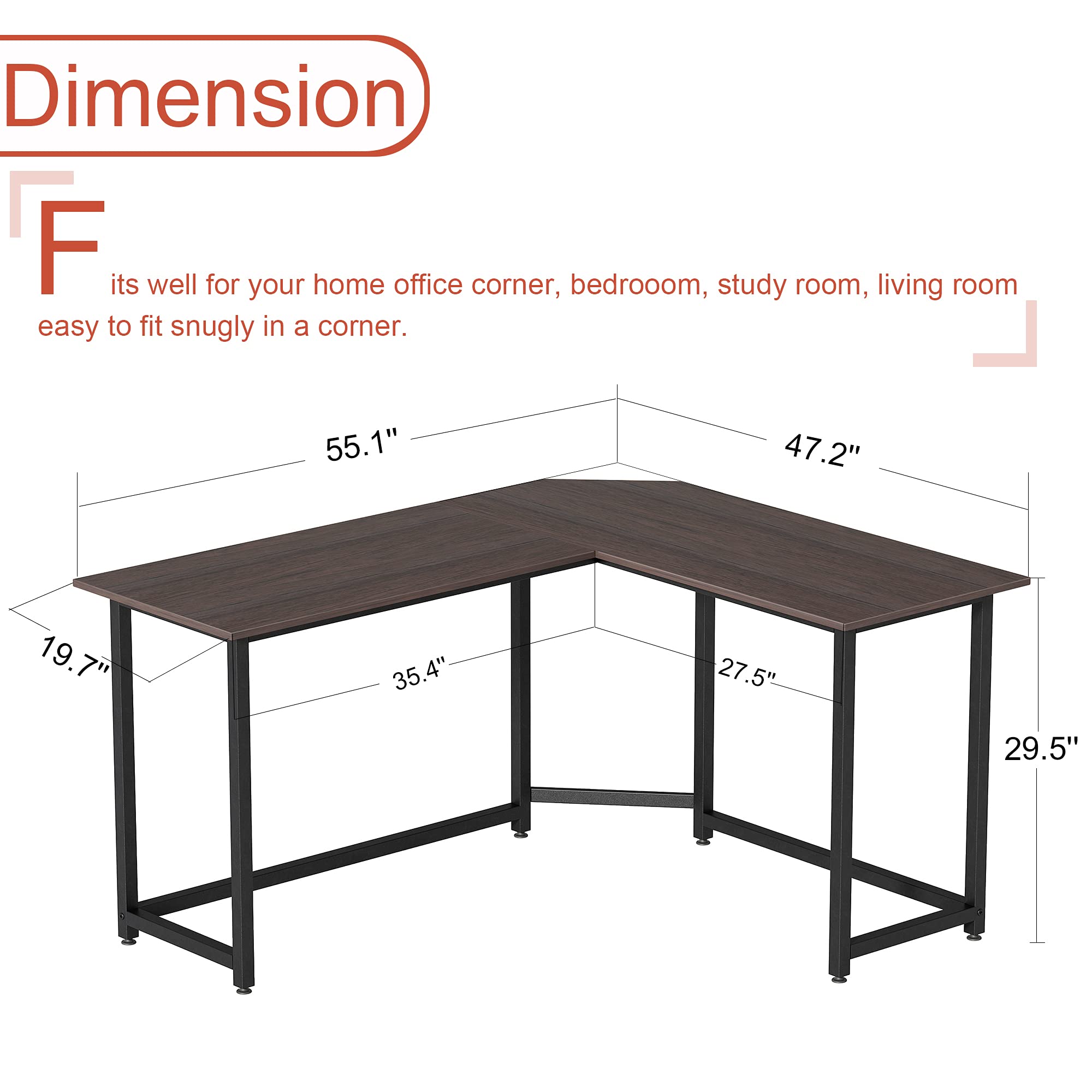 XINDACLOVER Small Corner Computer Desk L Shaped, 55 Inch Modern Simple Style PC Desk, Wooden Workstation for Home Office, Laptop Study Table for Small Spaces (Black Oak)