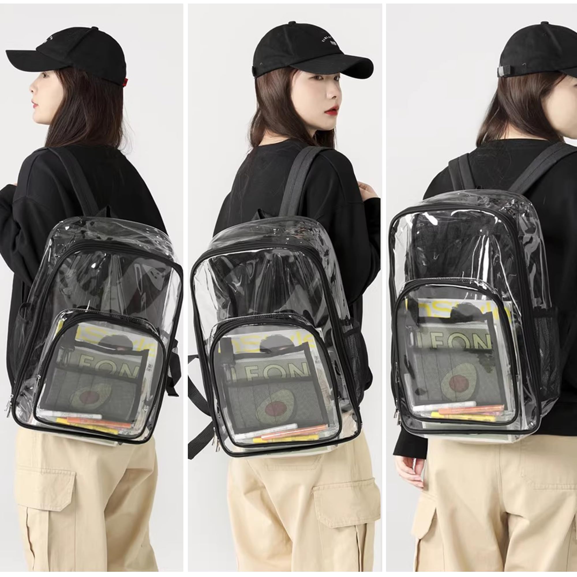 YZAOLL Clear Backpack Heavy Duty Large Transparent Backpacks Soft TPU Daypack Backpacks Book Bag Stadium Approved Black