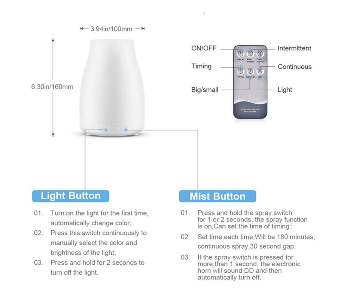 XINGFENSIFNE 300ml Cool Mist Humidifiers for Bedroom With 7 LED Night Light, Ultrasonic Aromatherapy Diffuser with Remote Control Whisper-Quiet Operation,Auto Shut-Off and Timer(3.9 x 6.3 inch)