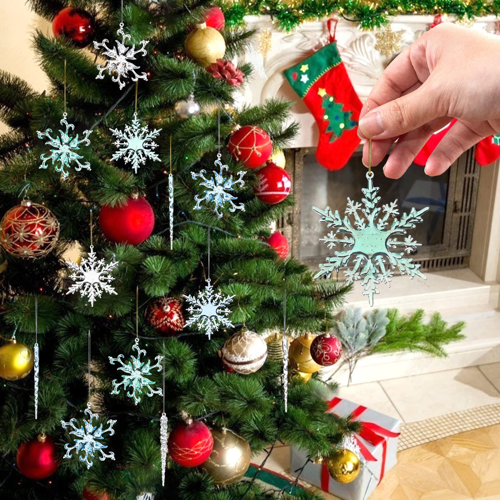 VGOODALL Christmas Snowflake Decorations, 36pcs Icicles Ornaments Set Clear Snowflake Acrylic Christmas Ornaments for Santa Outdoor Party Decoration Craft Projects