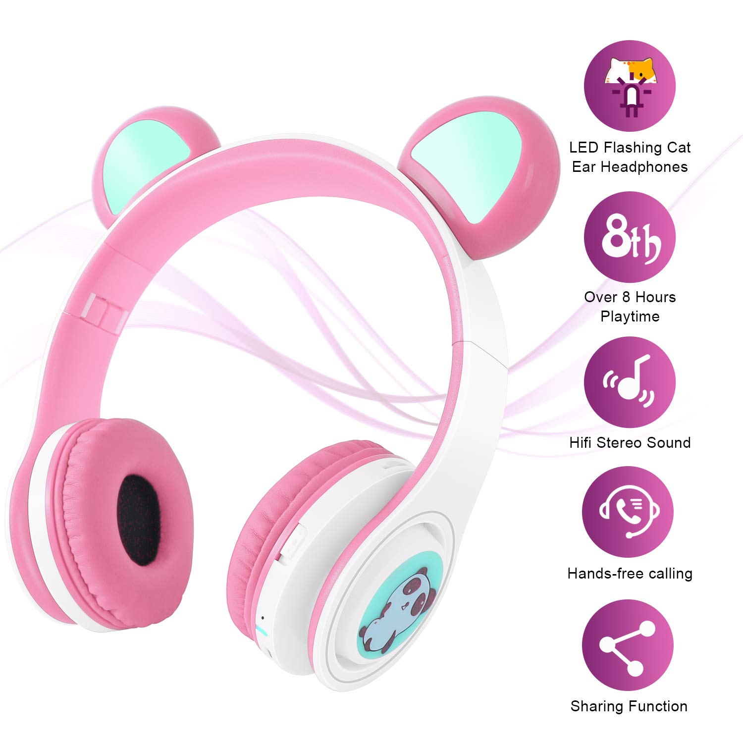 Woice Kids Wireless Headphones, Bluetooth Headphones 85dB Volume Limiting, LED Lights & Music Sharing Function, Girls Boys Wireless/Wired Headphones Over Ear with Mic Pink