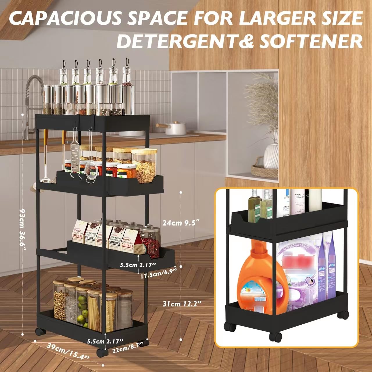 SVOHZAV Slim Storage Cart with Lockable Wheel, Standing Shelves with Removable Baskets, 4 Tier Rolling Cart, Mobile Versatile Organizer for Laundry, Bathroom, Kitchen, and Narrow Places (black)