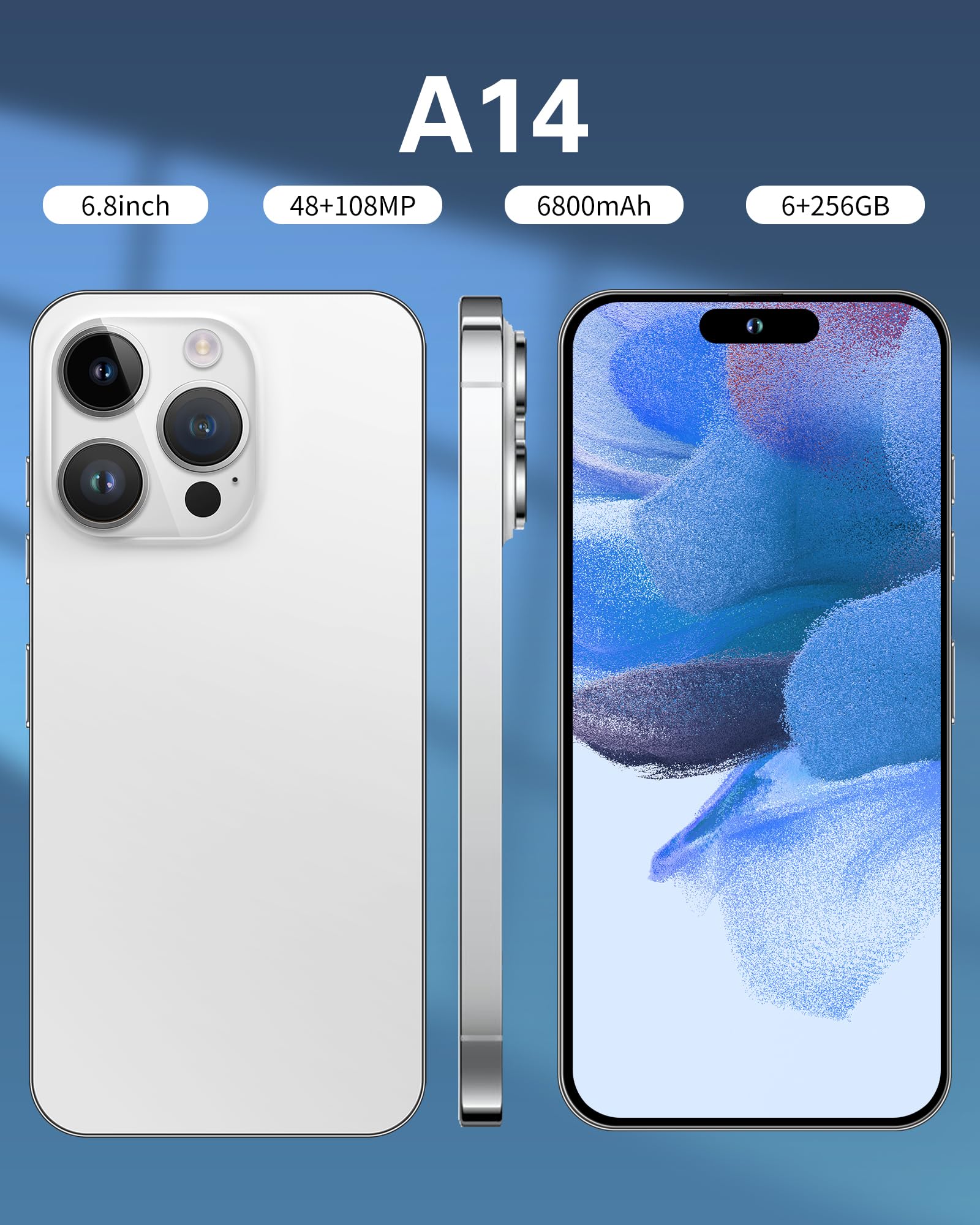 VIQEE A14 Pro Max 5G Unlocked Smartphone - 6GB+256GB Fully Unlocked Cell Phone for Android 13, 6.8" Unlocked Cell Phone, 6800mAh, 48MP+108MP Dual Camera (White)