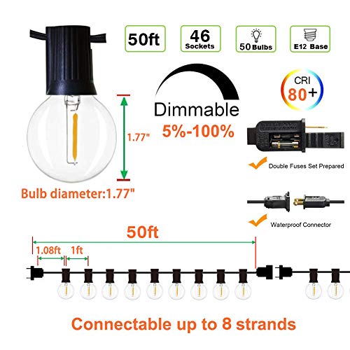 Svater 50-Foot Weather Proof Glass Patio and Garden Outdoor LED String Lights, Includes 1 Watt Antique G40 Bulbs and Dimmable, Warm White