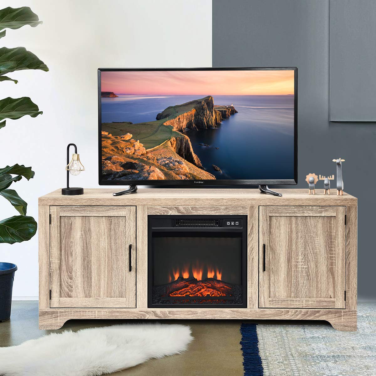 Tangkula 65" TV Stand, Storage Cabinet Console, Television Console, Media Component TV Stand with Adjustable Shelves. Suitable for 18" x 17" Fireplace (not Included) (Grey)