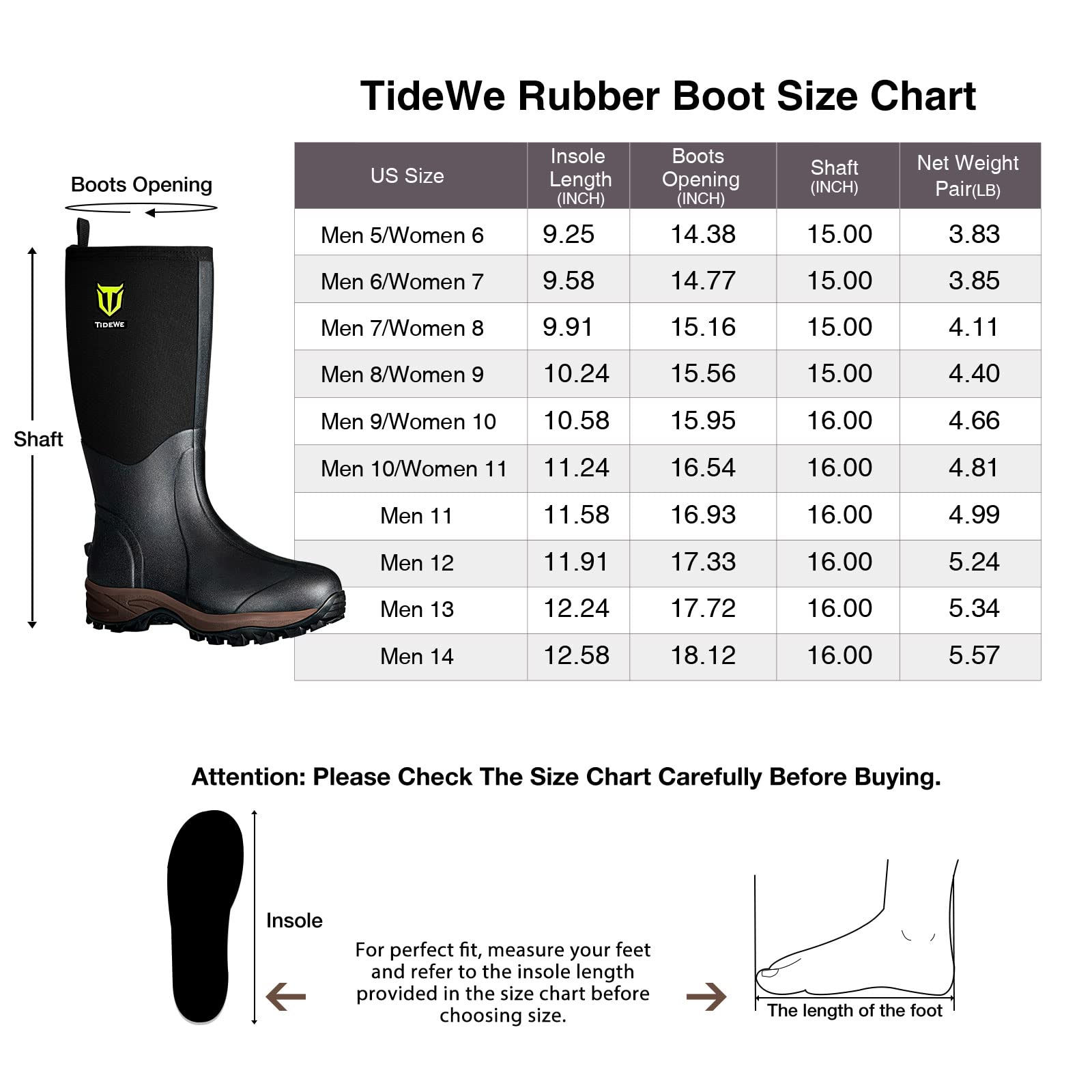 TIDEWE Rubber Neoprene Boots Men And Women, Waterproof Sturdy 6mm Neoprene Boot, Rain Boot Hunting Boot Arctic Outdoor Boot Men Size 11 Black