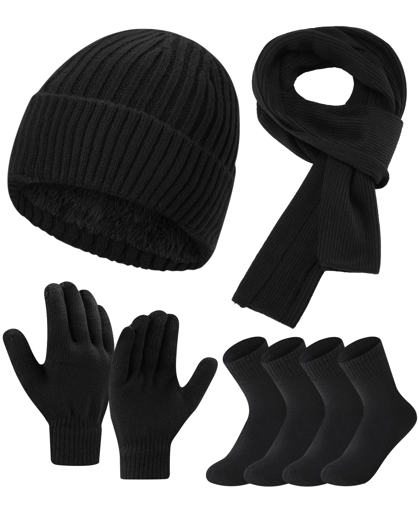Winter Beanie Hat Gloves Scarf Set for Men, Warm Fleece Knitted Hat Scarf Touchscreen Gloves and Wool Socks (Black)