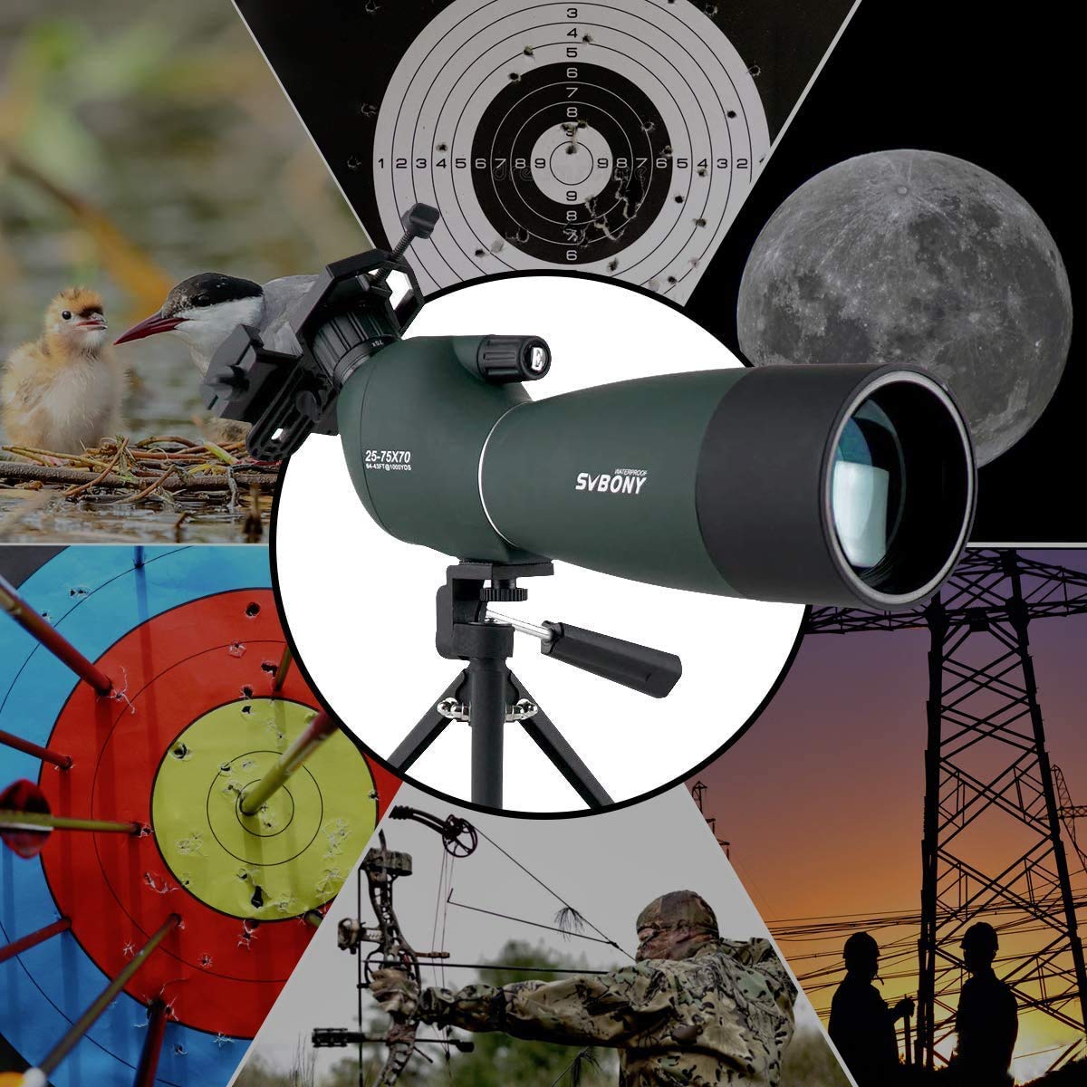 SVBONY SV28 Spotting Scopes with Tripod,Hunting,25-75x70,Angled,Waterproof,Range Shooting Scope,with Phone Adapter,Compact, for Target Shooting,Birding,Wildlife Viewing