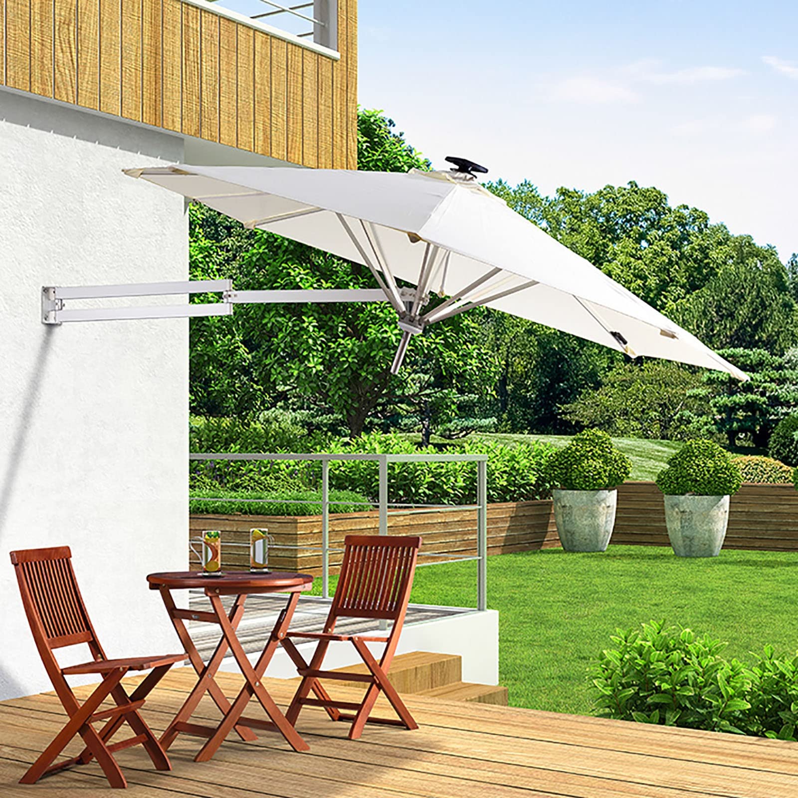 WooDeY Garden Wall Mounted Patio Umbrella - 8ft/250cm, Outdoor Balcony Tilting Sunshade Umbrella, Adjustable Pole