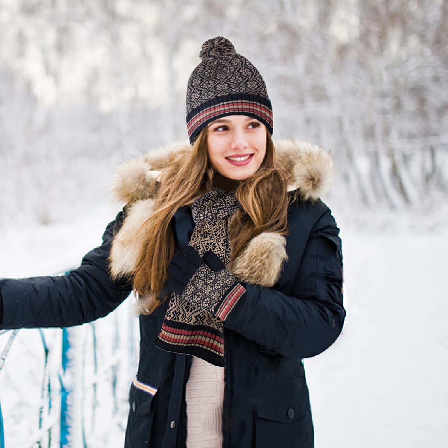 Winter Beanie Hat Scarf Touch Screen Gloves Set with Pom for Women, Beanie Hat Long Scarf Neck Warmer Touchscreen Gloves 3 in 1 Set(NAVY!!)