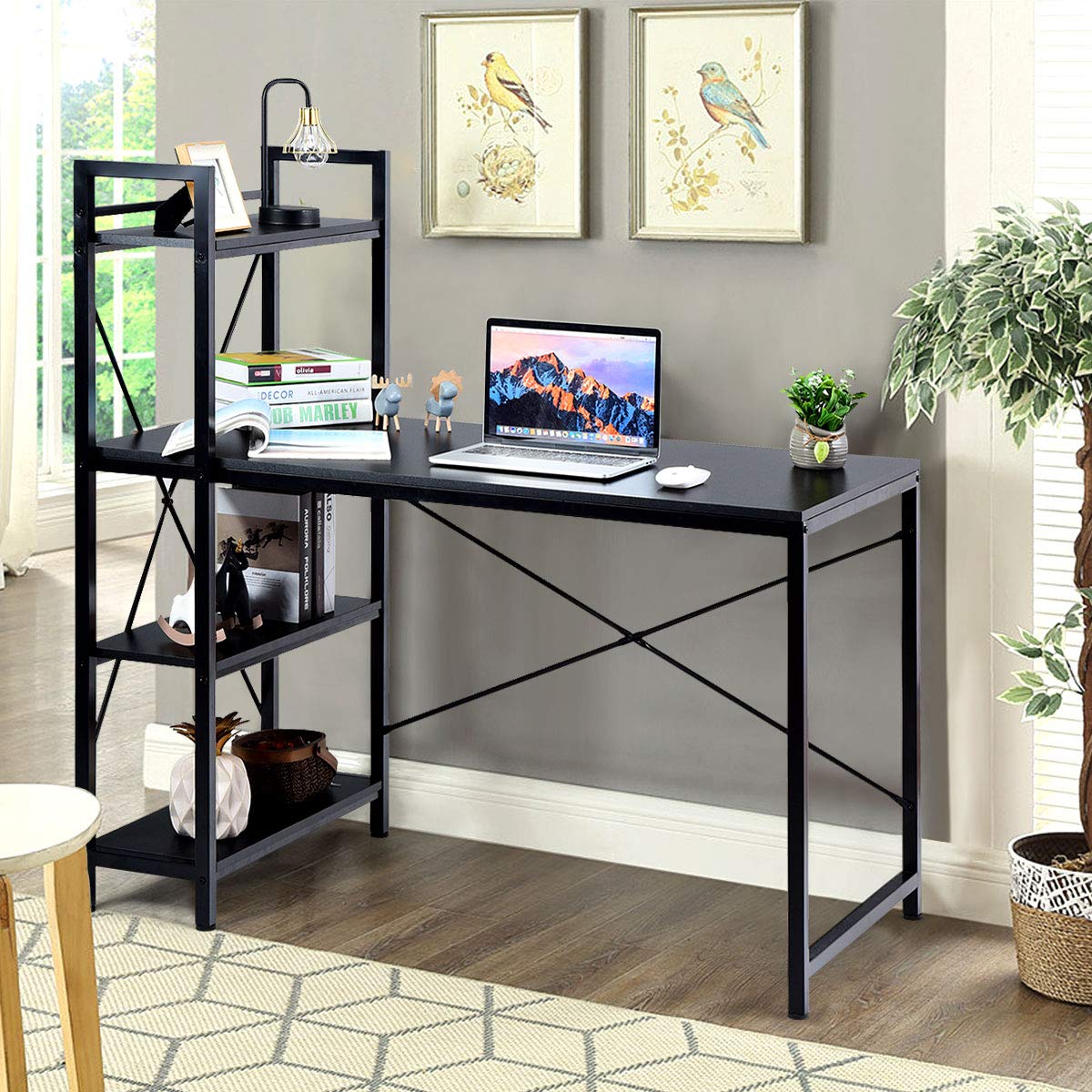 Tangkula Computer Desk with 4 Tier Shelves, Study Writing Table with Storage Bookshelves, Modern Compact Home Office Workstation, 47.5" Tower PC with Steel Frame & Adjustable Feet Pad