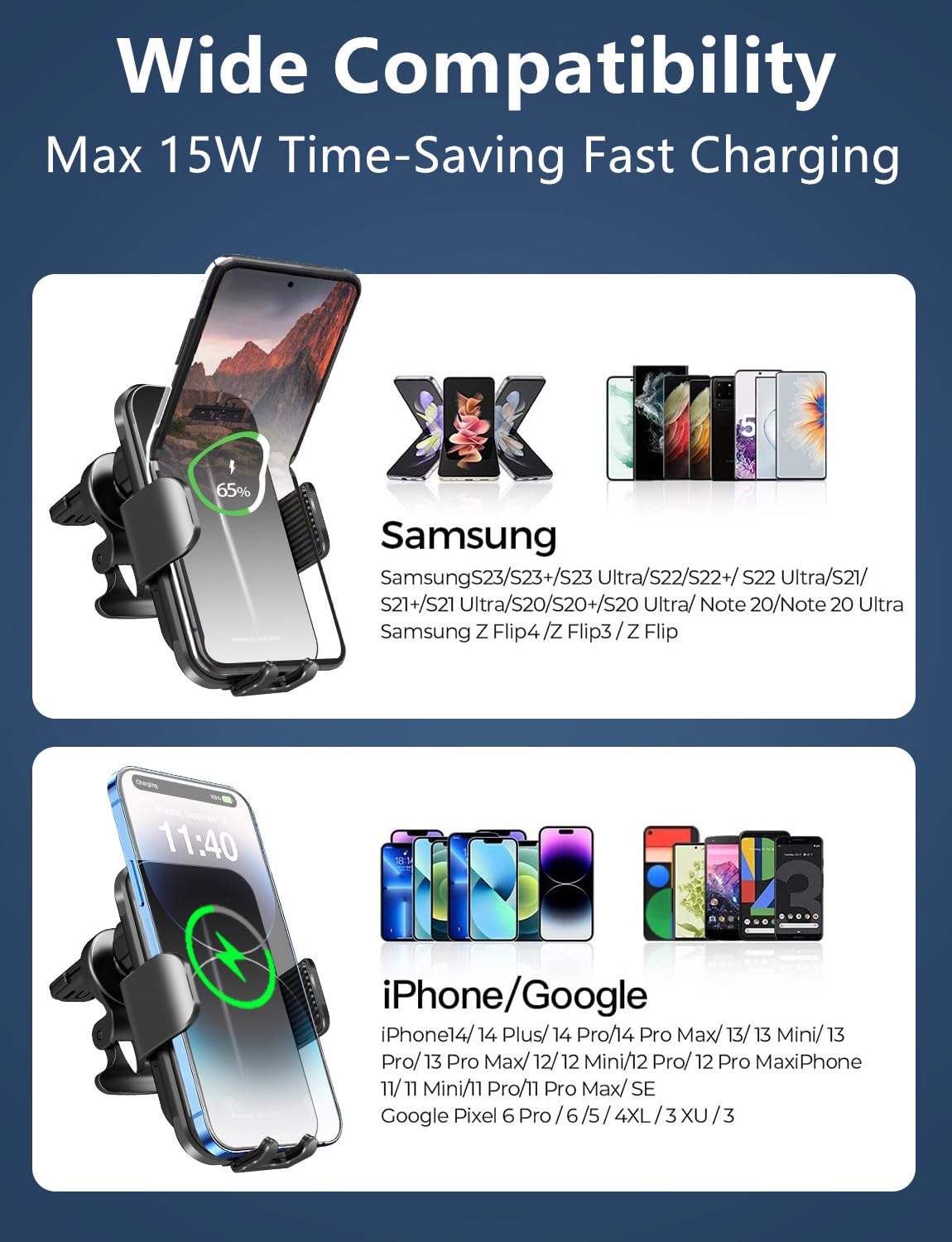 Wireless Car Charger for Samsung Galaxy Z Flip, 15W Charging [AUTO Moving Coil], Dash Air Vent Auto-Clamping Car Phone Holder Charger Mount Wireless Charging for iPhone 15/14/13, Galaxy Z Flip 5/4/3
