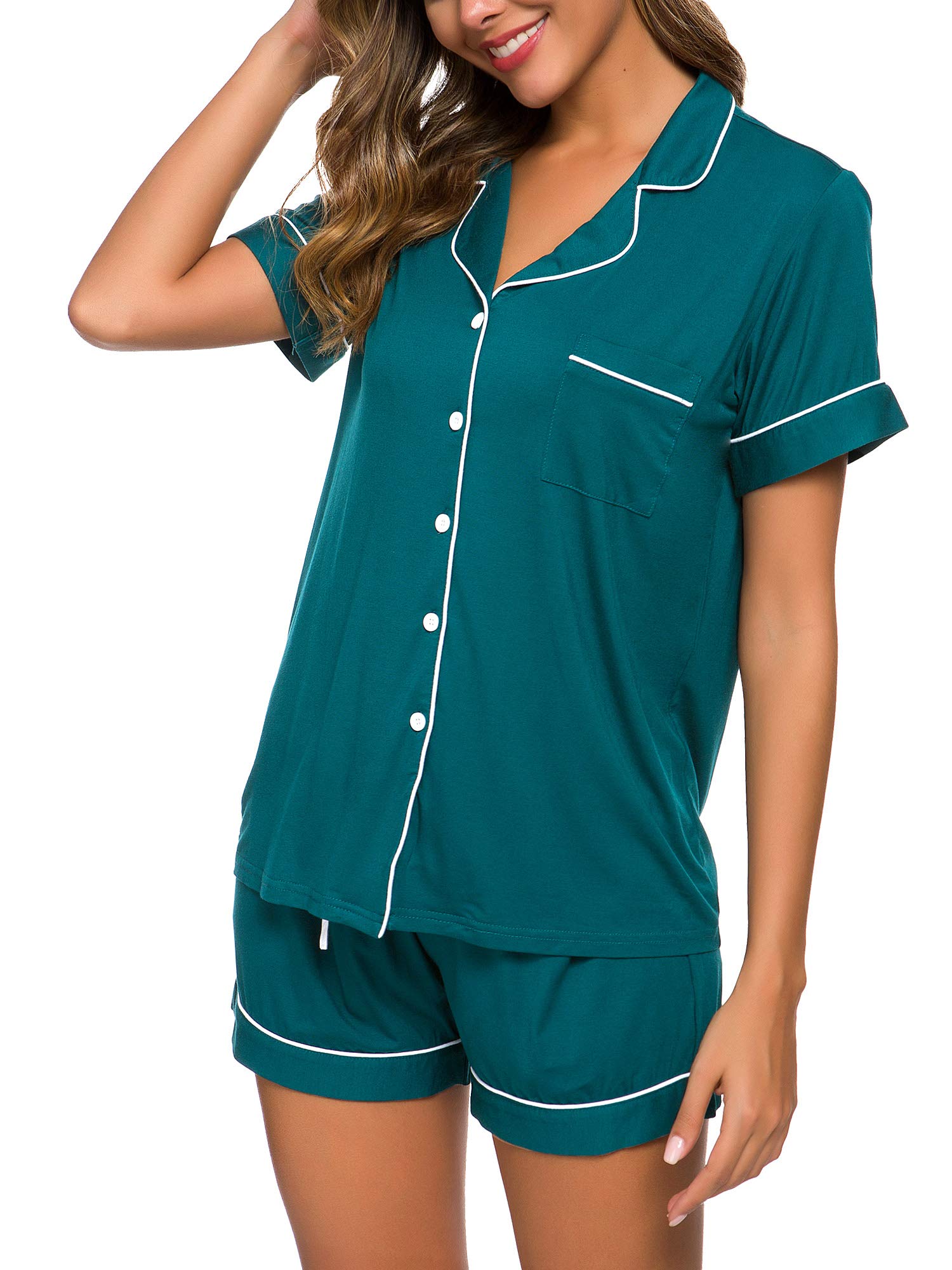 TIKTIK Pajamas Set Short Sleeve Sleepwear Womens Button Down Nightwear Soft Pj Lounge Sets with Pocket S-4XL, Peacock Green, Large