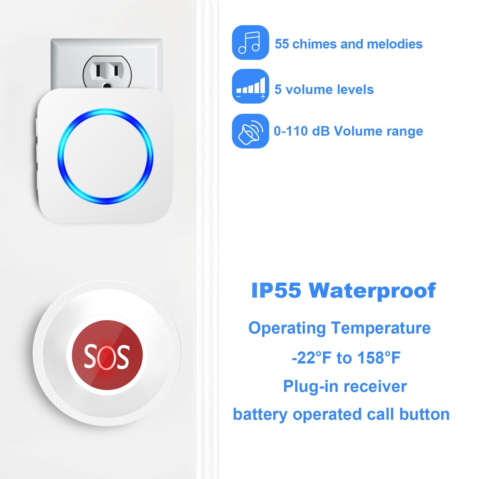Wireless Caregiver Pager Call Button Nurse Alert Syste Emergency Call Bell for Elderly Seniors Panic Alarm Button with 55 Melodies 5 Adjust Volume Levels (1 Call Button + 2 Receivers)