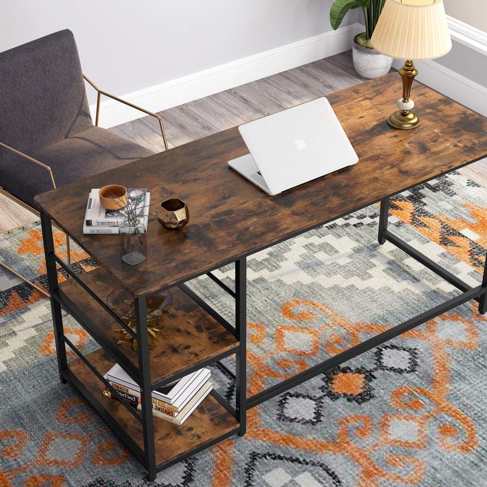 Tribesigns 55 Inch Computer Desk with 2-Tier Storage Shelves, Rustic Modern Home Office Desk Study Table Studying Writing Desk Workstation for Home Office (55 Inch, Retro Brown)
