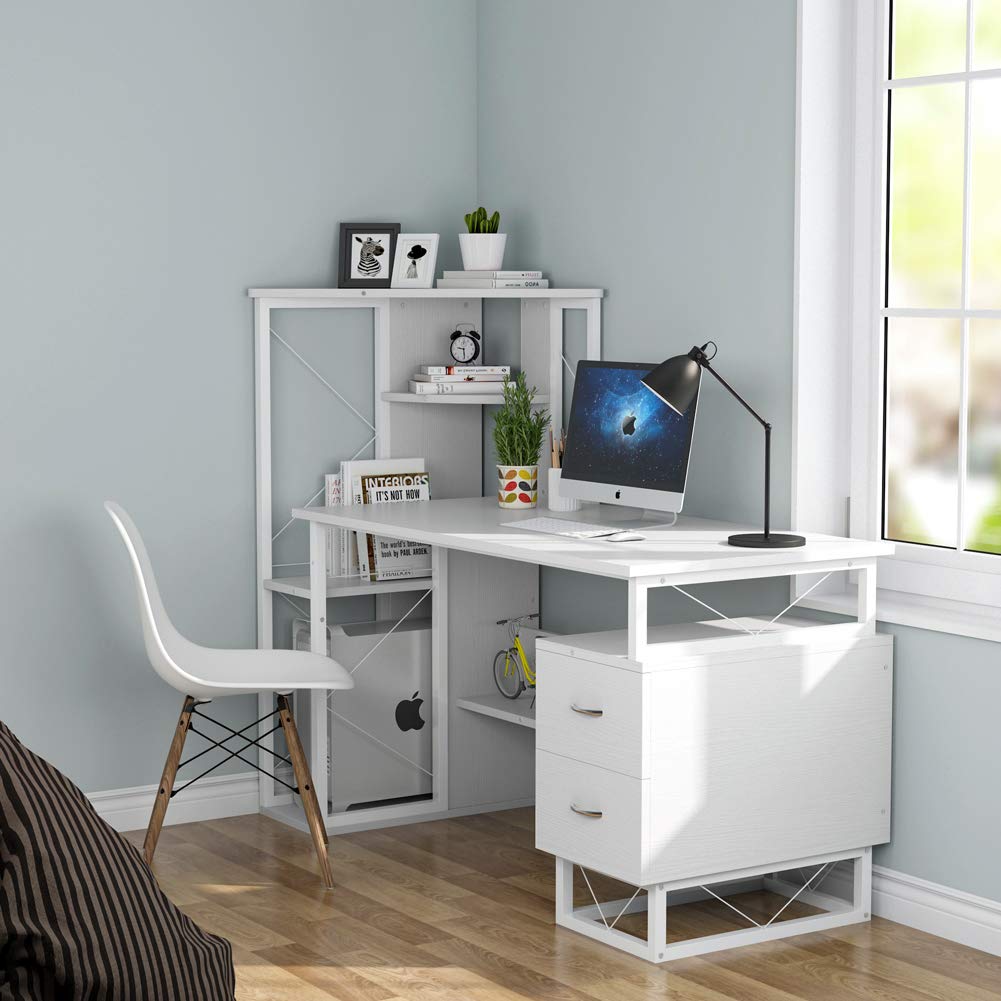 Tribesigns Computer Desk with Drawers, Functional Writing Desk with Corner Tower Shelves Works as Home Office Compact Workstation Desk for Small Space (All White)