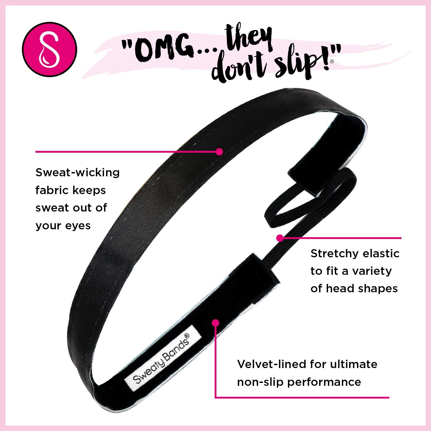 Sweaty Bands Womens Girls Headband - Non-Slip Velvet-Lined Exercise Hairband - Rock Solid Black 3/8-Inch