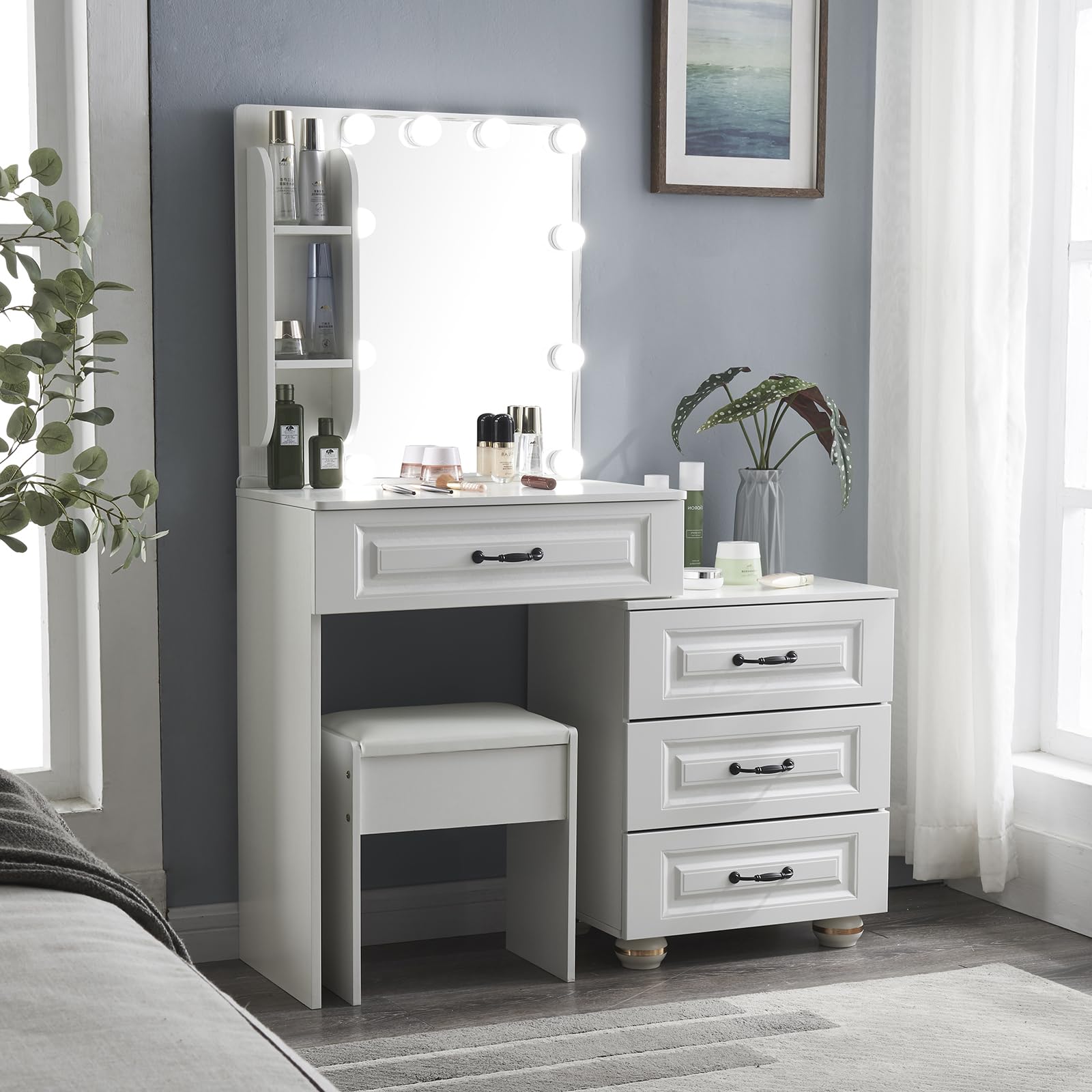 Vanity Desk with Mirror and Lights, Makeup Table with 4 Drawers, 3 Lighting Modes Adjustable Brightness, Dressing Table for Girls, White