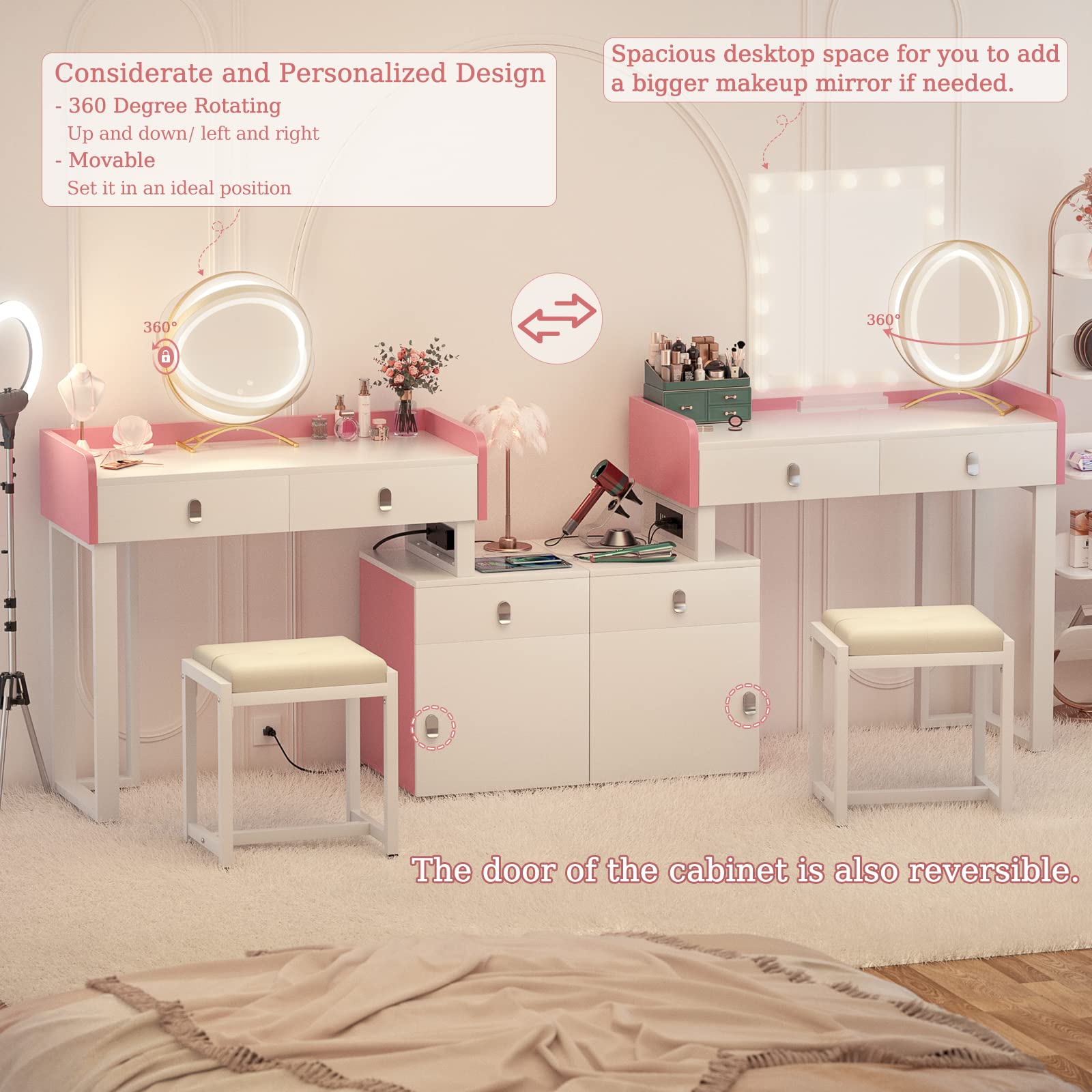 Vanity Desk with Lighted Mirror & Power Outlets, 44'' Makeup Vanity Set with Lights & 3 Drawers, Vanity Mirror with Lights Desk & Chair, Dressing Table with Reversible Cabinet & Stool, White & Pink