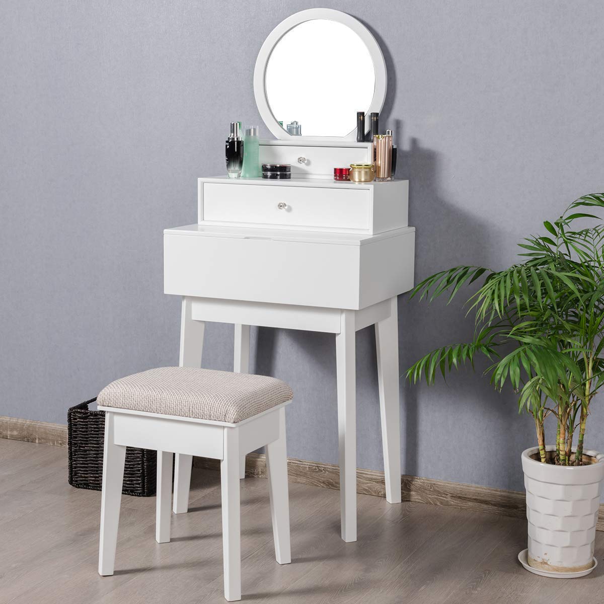 Vanity Mirror, w/ 2 Removable Spacious Drawer, 2 in 1 Vanity Table Top, Space-Saving Wall Mount & Placed on The Table, Dressing Table w/Round Mirror, Ideal for Bedroom, Bathroom &Hallway, White