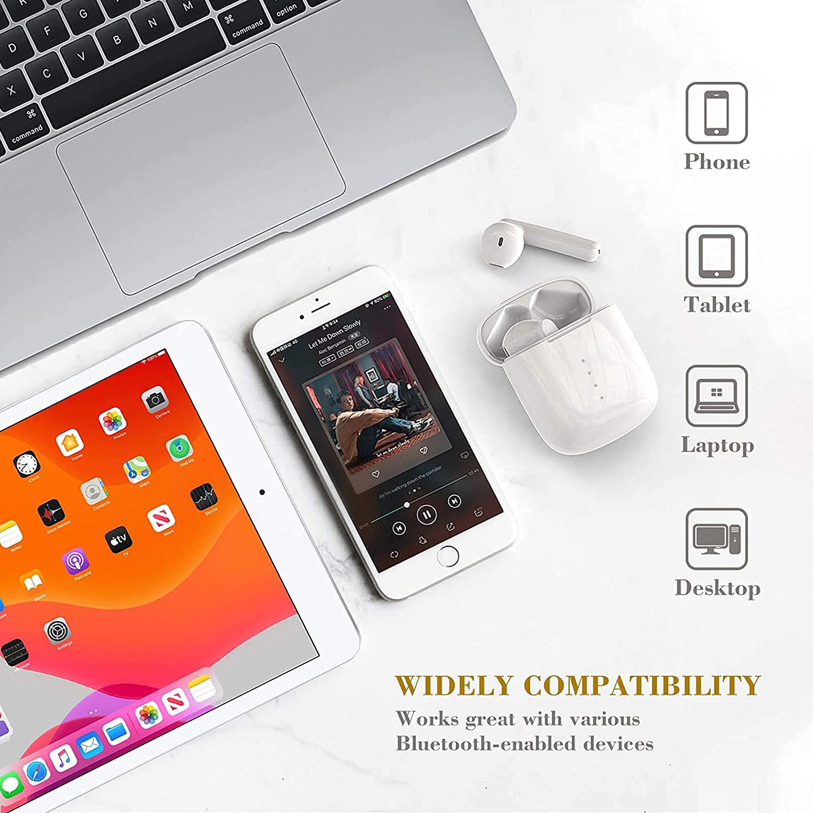 Wireless Earbuds Bluetooth 5.0 Headphones with Charging Case, IPX8 Waterproof, 3D Stereo Air Buds in-Ear Ear Buds Built-in Mic, Open Lid Auto Pairing for Android/Samsung/Apple iPhone (White)
