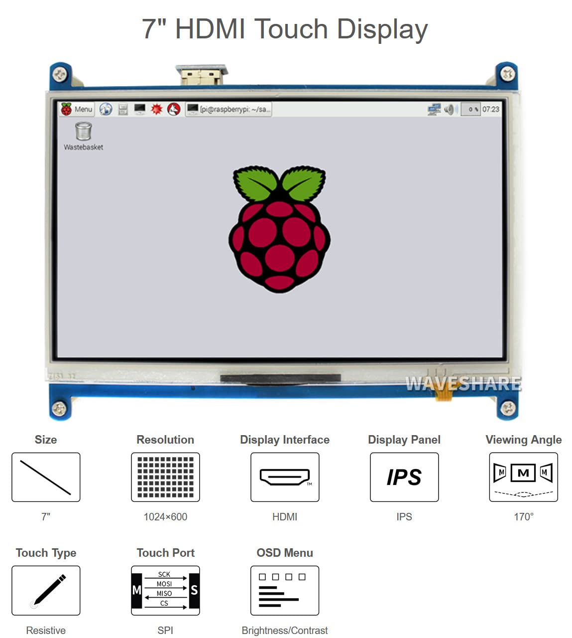 XYGStudy for Raspberry Pi 7 inch IPS 1024×600 Resistive Touch Screen Monitor LCD HDMI Interface SPI Supports Supports Mini PC Raspberry Pi 4B/3B+/3B/3A+/2B/B+/A+ Zero WH/Zero W/Zero