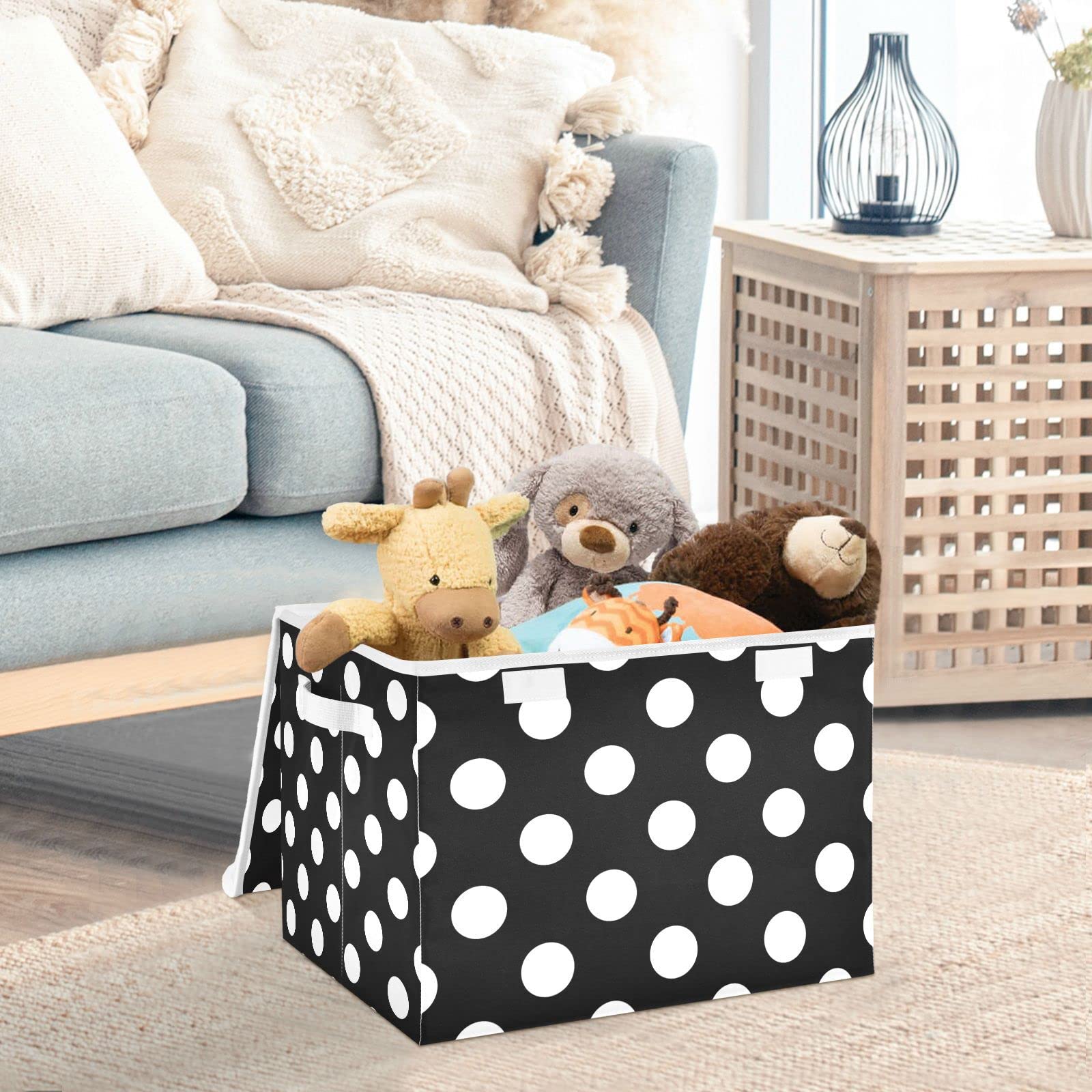 xigua Polka Dot Storage Basket Collapsible Rectangle Storage Bin Shelves Basket Organizer with Lid and Handle for Closet, Office, Nursery, Home Decor