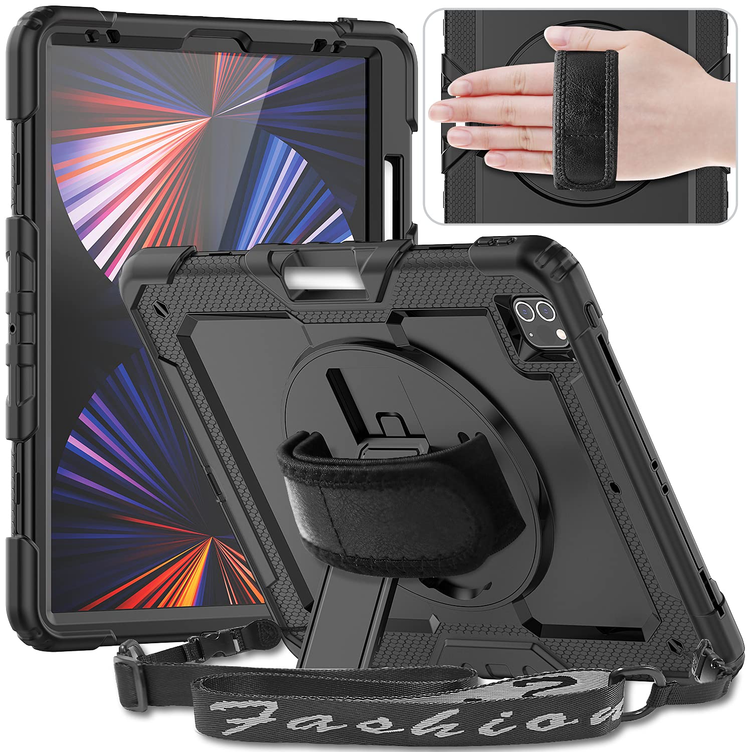 Timecity Protective Case for iPad Pro 12.9 inch 6th/ 5th/ 4th/ 3rd Generation, with Strong Protection, Screen Protector, Hand/Shoulder Strap, Rotating Stand, Pencil Holder - Black