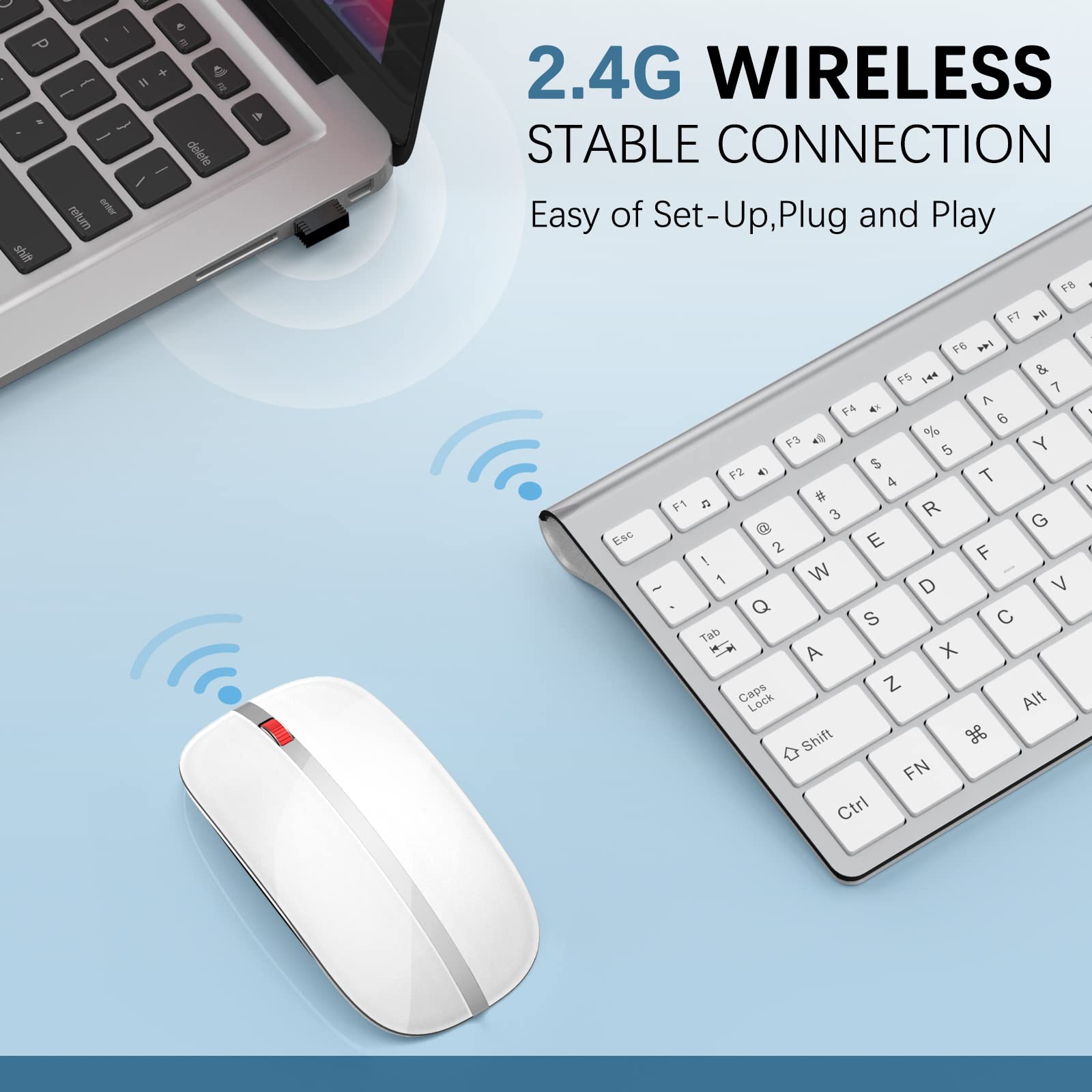 Wireless Keyboard and Mouse Combo, Gamcatz 2.4G Ultra Thin Compact Keyboard and Silent Type-C Rechargeable Mouse for Mac iMac MacBook Air PC Laptop Tablet Computer Windows-Silver White