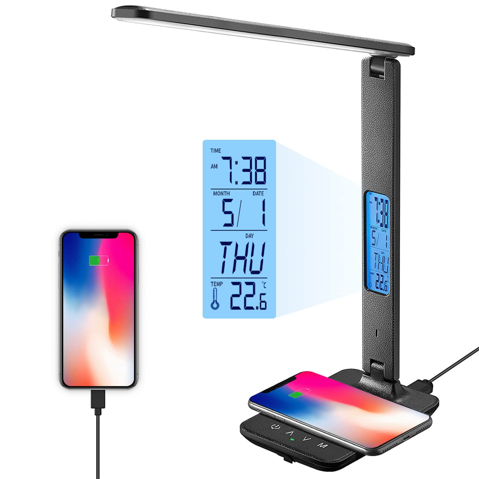 XIMI-V LED Desk Lamp with Wireless Charger, Table Lamp with Clock, Alarm, Date, Temperature, Office Lamp, Desk Lamps for Home Office (Black T189)