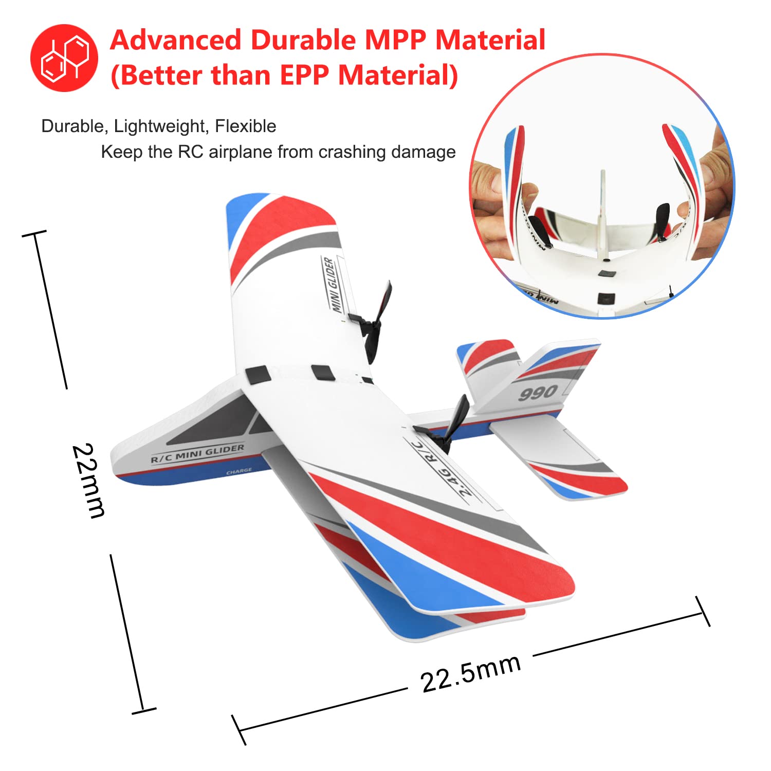 USHINING RC Planes for Kids, Remote Control Airplanes Indoor Outdoor 2.4GHz with Gyro DIY Easy to Fly RC Airplane with LED Light MPP RC Glider for Kids Beginners (White)