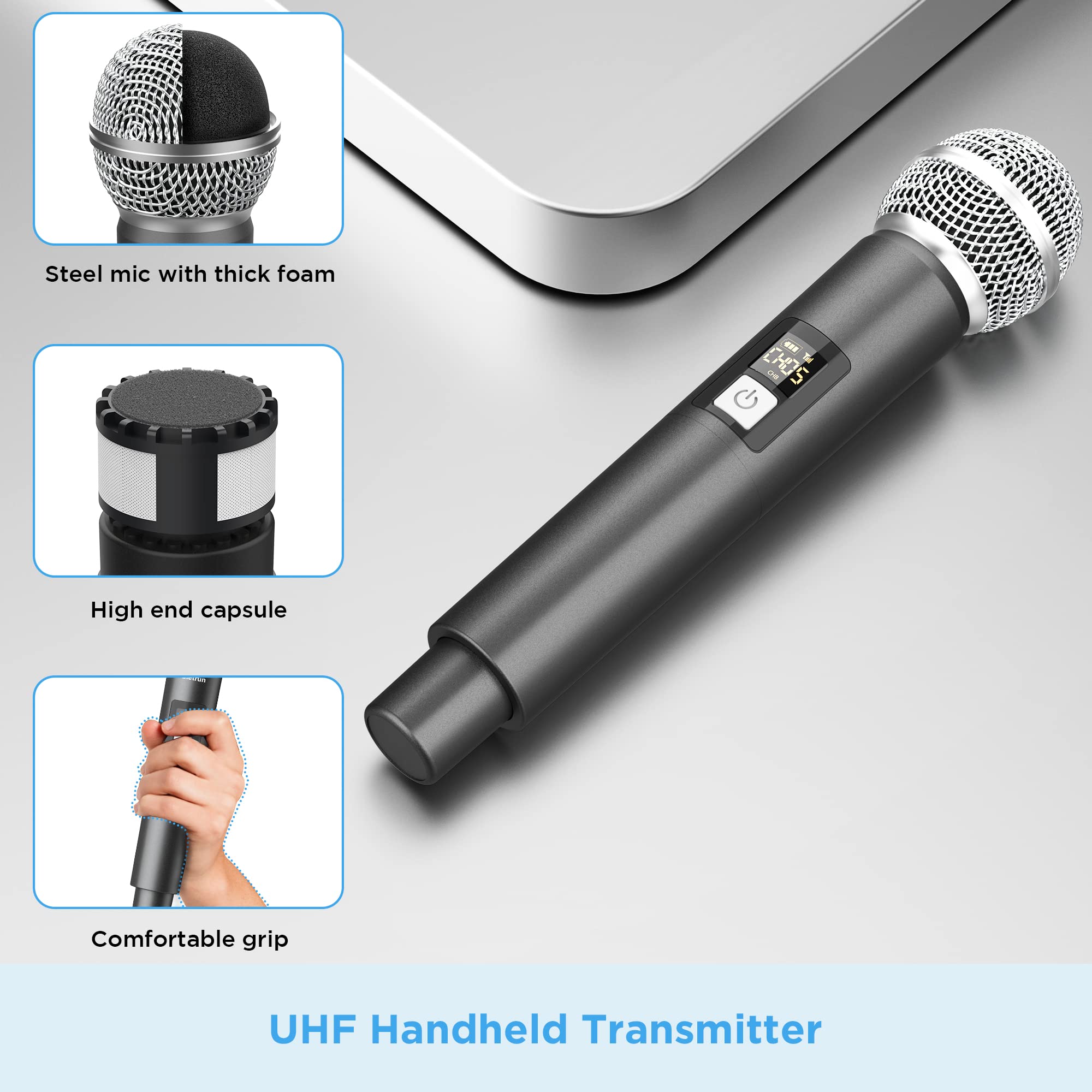 Wireless Microphone Singing Karaoke,Plug&Play Dual Cordless Dynamic Handheld Wireless Mic with Rechargeable Receiver for 1/4'',1/8'' Output, Microphone for Adult, Kids,Wedding,Party,Church,UHF 98FT