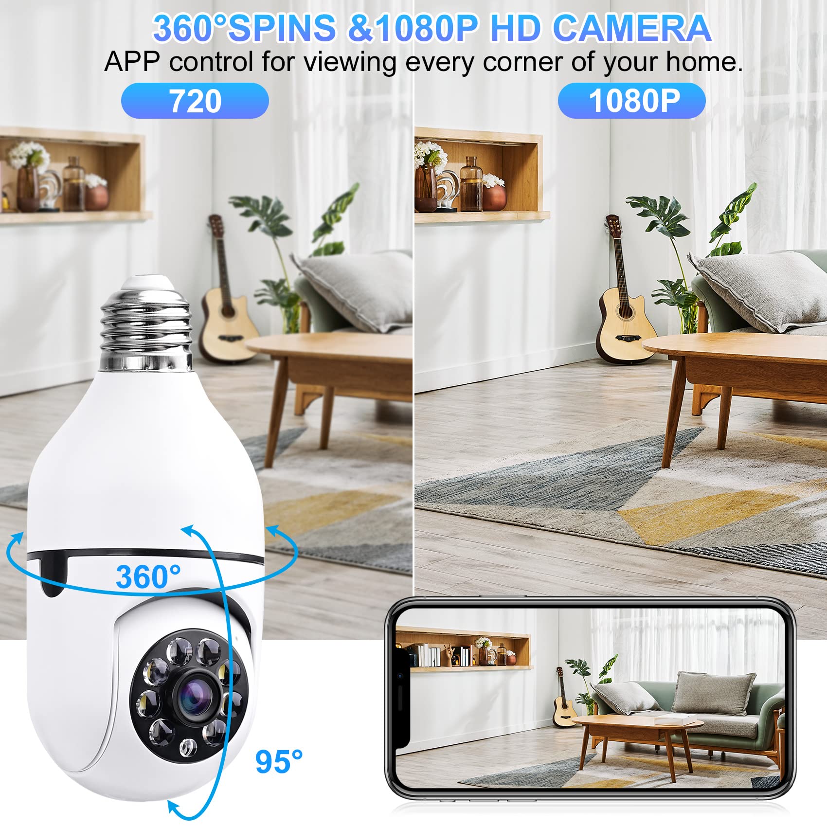 SYEYYDS Light Bulb Security Camera, 1080P 2.4G WiFi Security Camera 360 Degree Night Vision Light Socket Security Camera for Home Security (2pack)