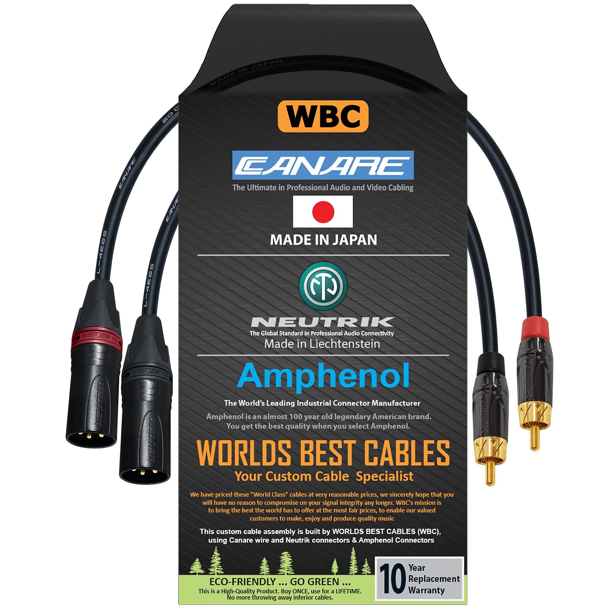 WORLDS BEST CABLES 1 Foot - RCA to XLR (Male) Cable Pair - Canare L-4E6S Star-Quad Audio Interconnect Cable & Amphenol ACPL RCA & Neutrik Male XLR Gold Plugs - CUSTOM MADE