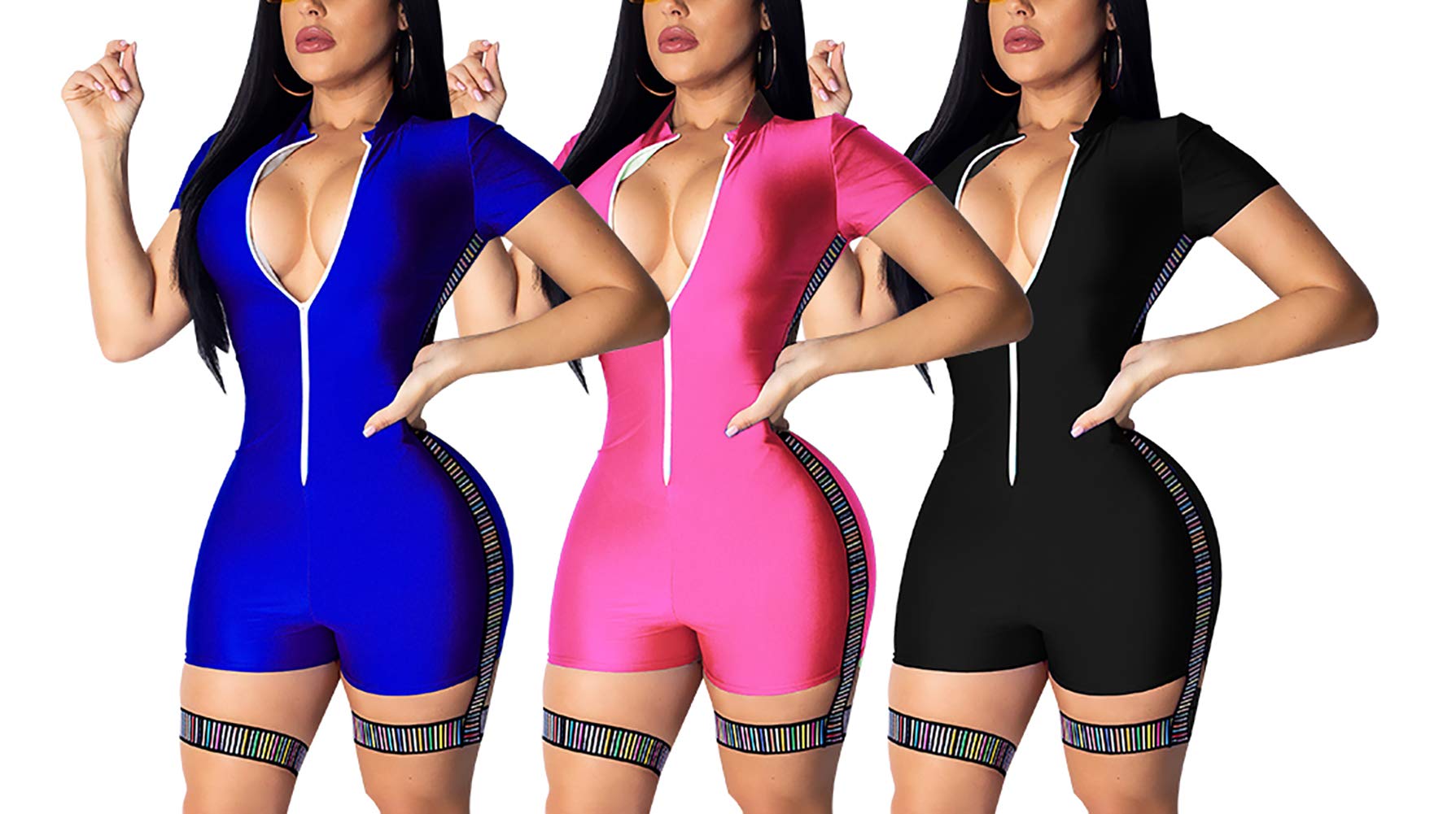 VOIKERDR Women Colorblock One Piece Outfits Set Short Sleeve Zipper Front Tracksuit Jumpsuit