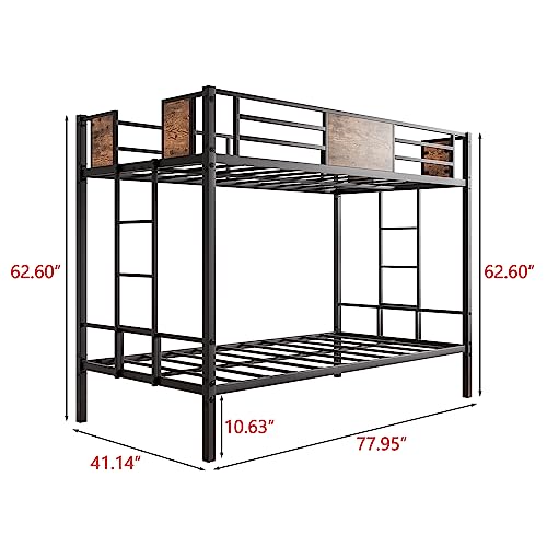 VECOCHO Metal Bunk Bed Twin Over Twin with 2- Side Ladder and Full-Length Guardrail,Space-Saving Design/No Box Spring Needed/Noise Free,Black & Vintage Brown