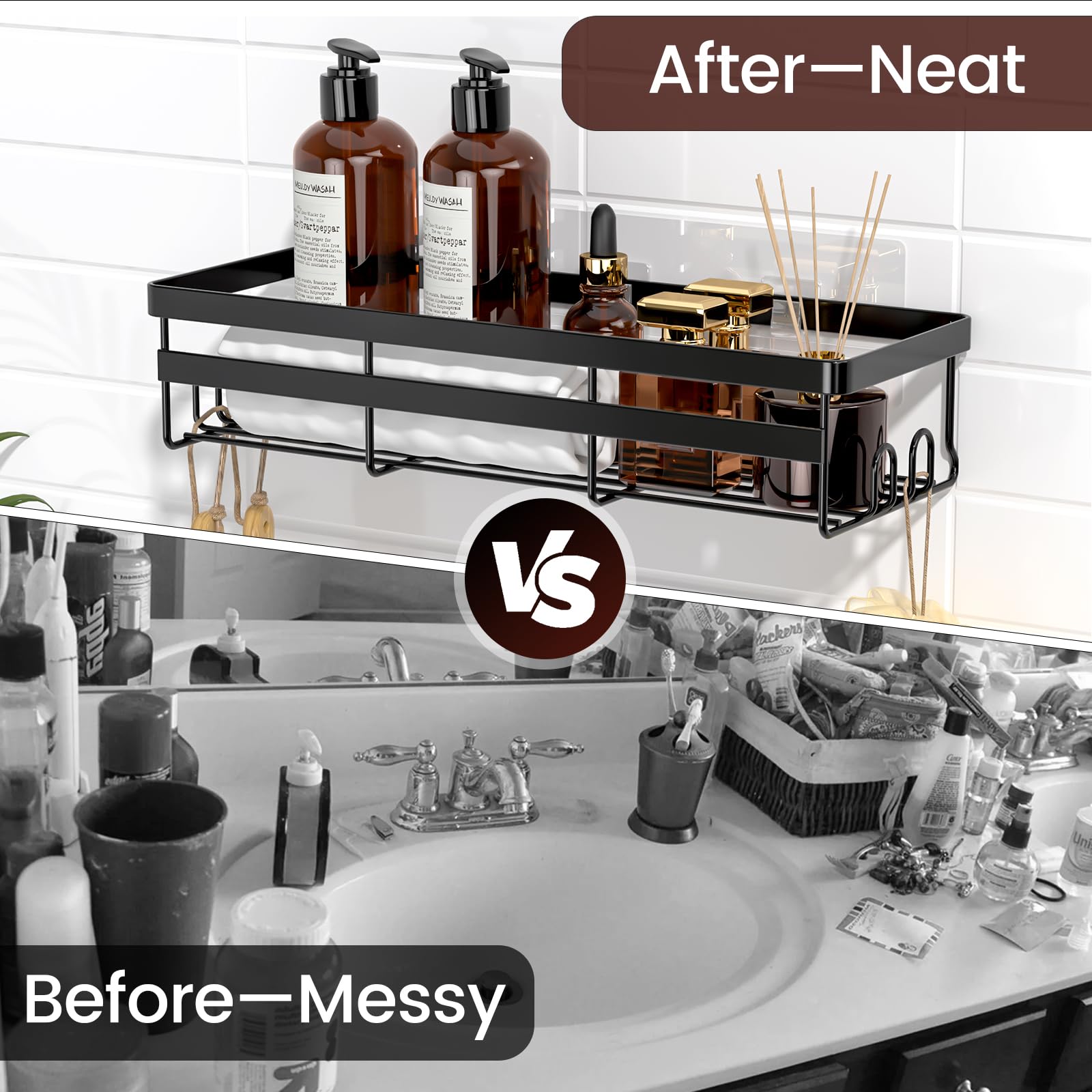 WOWBOX Shower Caddy Shelf Organizer, 2 Pack Adhesive Black Bathroom Accessories, Save Space with Hooks, Toiletries Organization And Storage Stainless No Drilling Shower Shelves