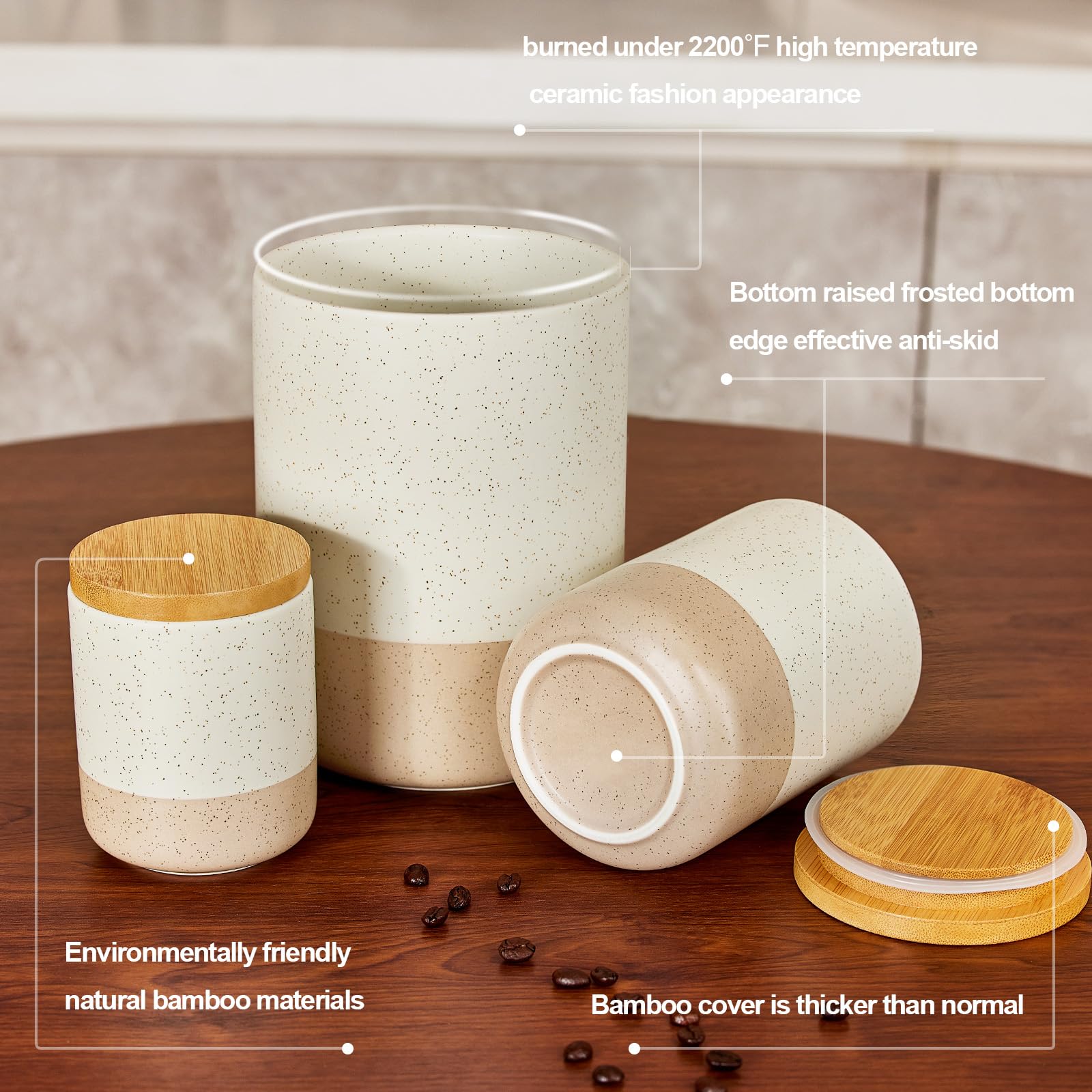 Yangbaga Canisters Sets for Kitchen Countertop-Set of 4 Ceramic Kitchen Canisters Food Storage Jar with Airtight Bamboo Lids & Spoons & Label,Large Flour and Sugar Containers for Serving Ground Coffee