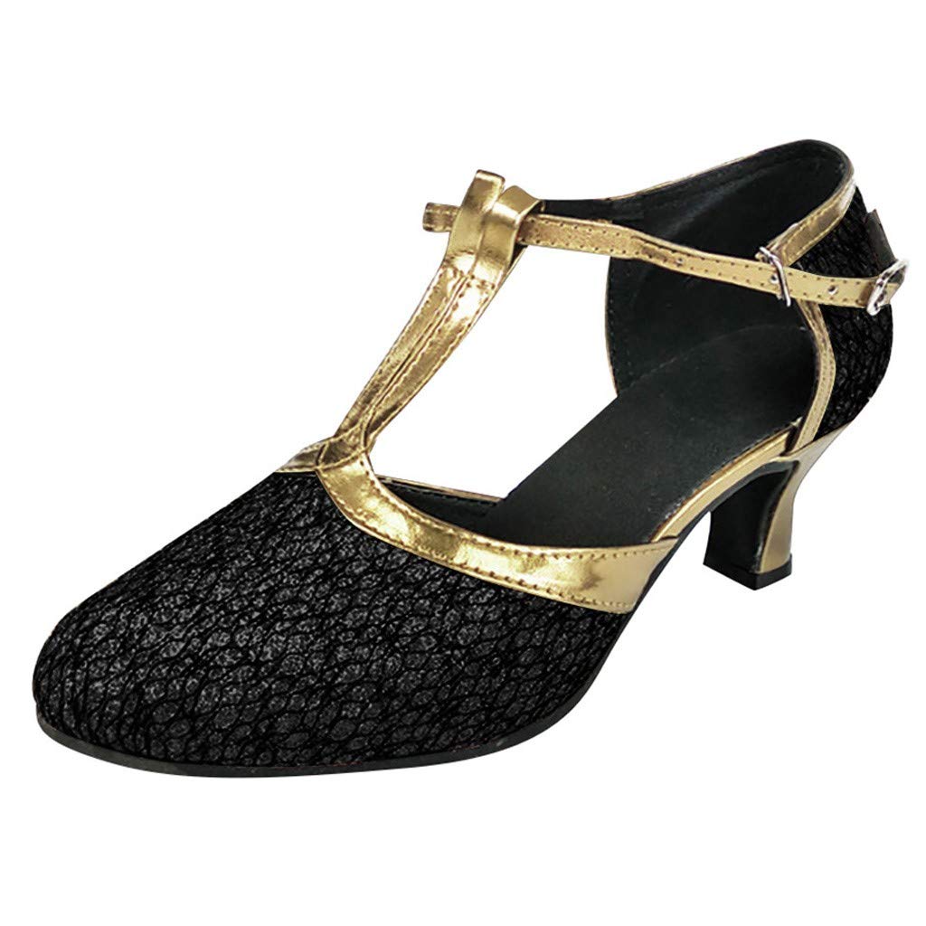 Women's Ballroom Tango Latin Salsa Dancing Shoes Sequins Shoes Social Dance Shoe Teal Heels Women Wedding (Black, 7.5)